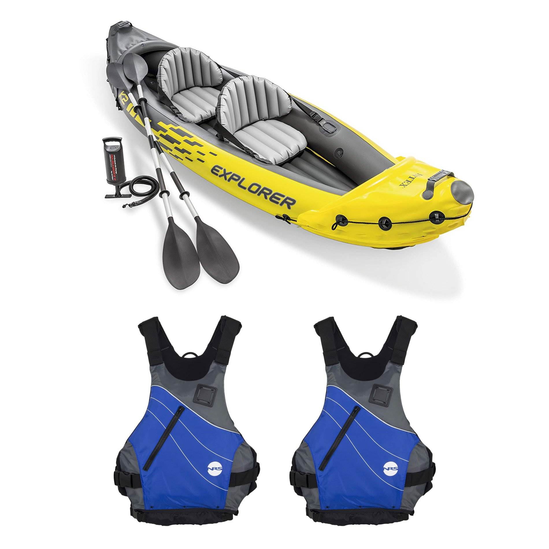 Intex Explorer Inflatable Kayak w/ Air Pump & Blue Large XL Life Jacket ...