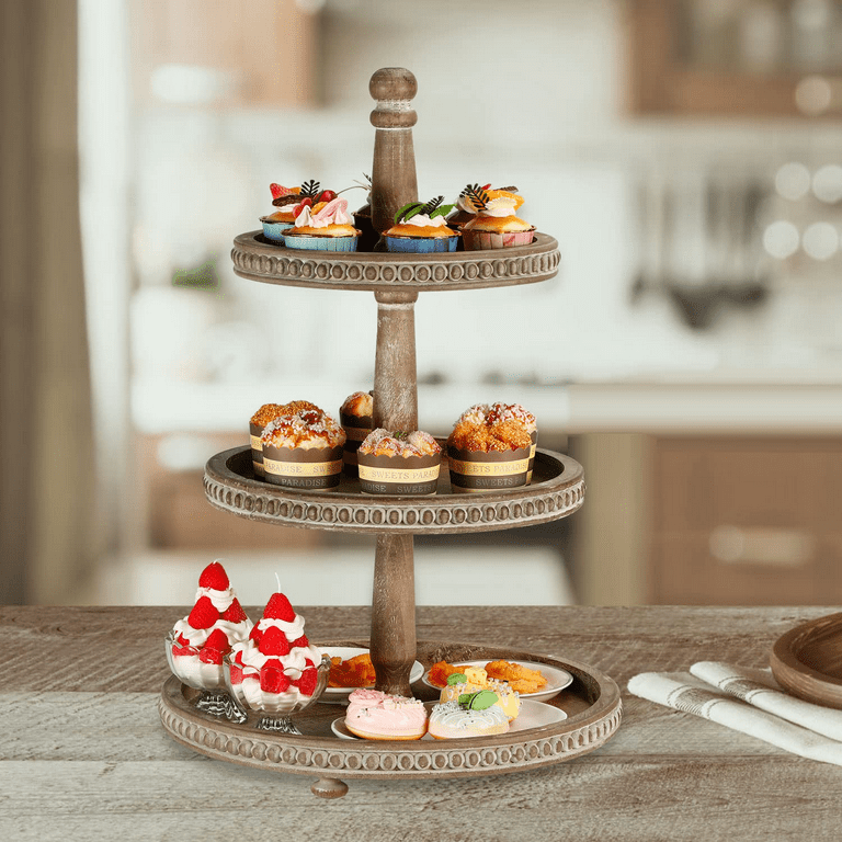 Woven Paths 3 Tier Round Farmhouse Wooden Decor Tray Rustic Serving Stand for Kitchen and Home Decor Walmart