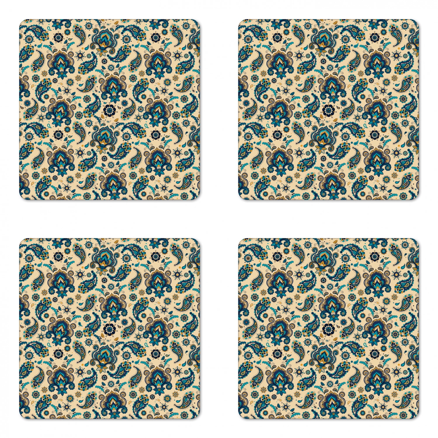 Paisley Coaster Set of 4, Colorful Vintage Floral Teardrop Oriental ...