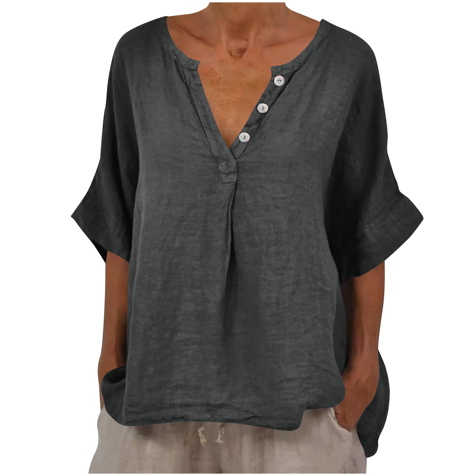Click here for Mgmyaa Womens Cotton Linen T Shirts V-Neck Elbow-L... prices
