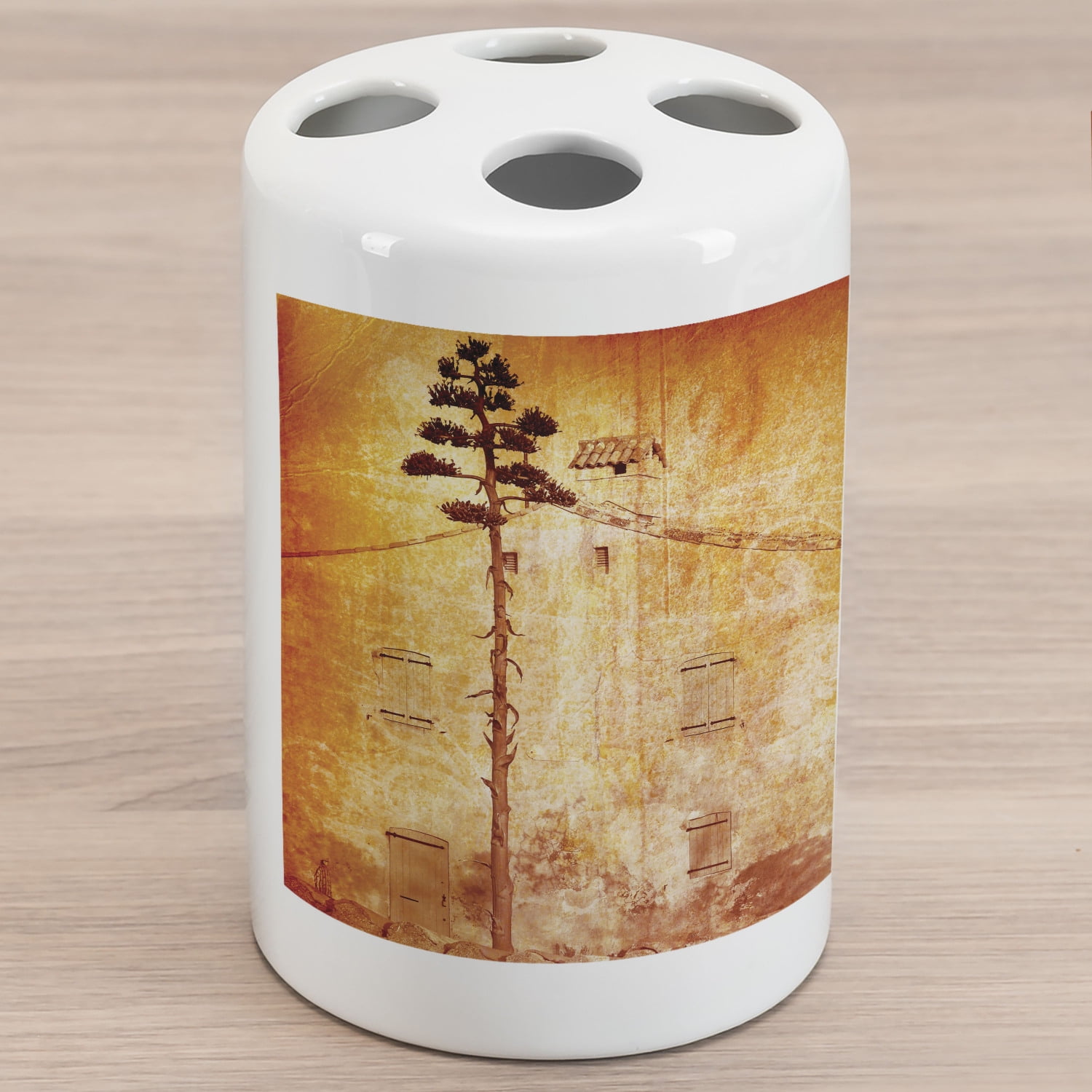 Burnt Orange Ceramic Toothbrush Holder, Retro Illustration of a Street ...