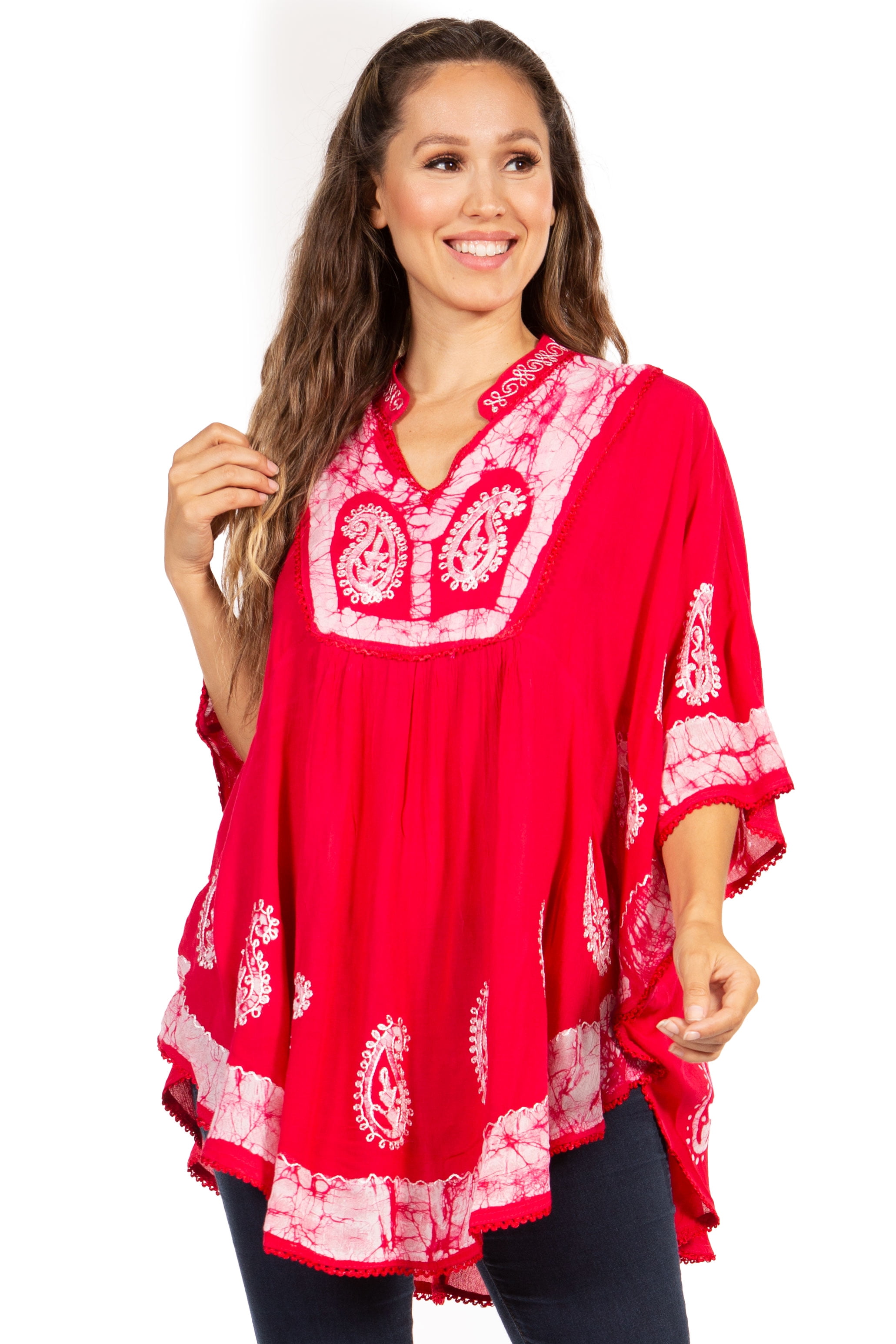Sakkas Amori V-Neck Embroidery Poncho Top / Cover Up - Pink/White - One ...