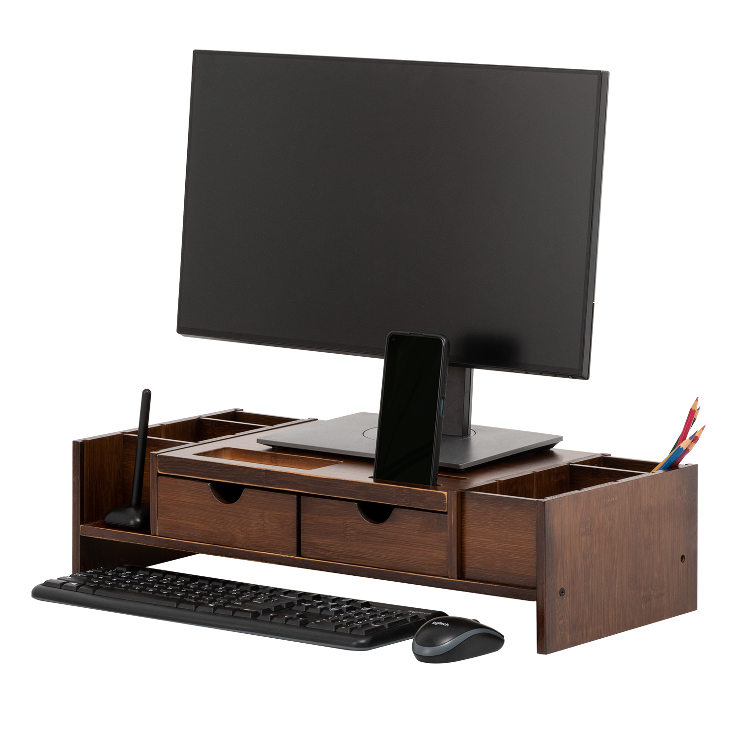 VredHom Bamboo Computer Monitor Stand with Adjustable Storage in ...