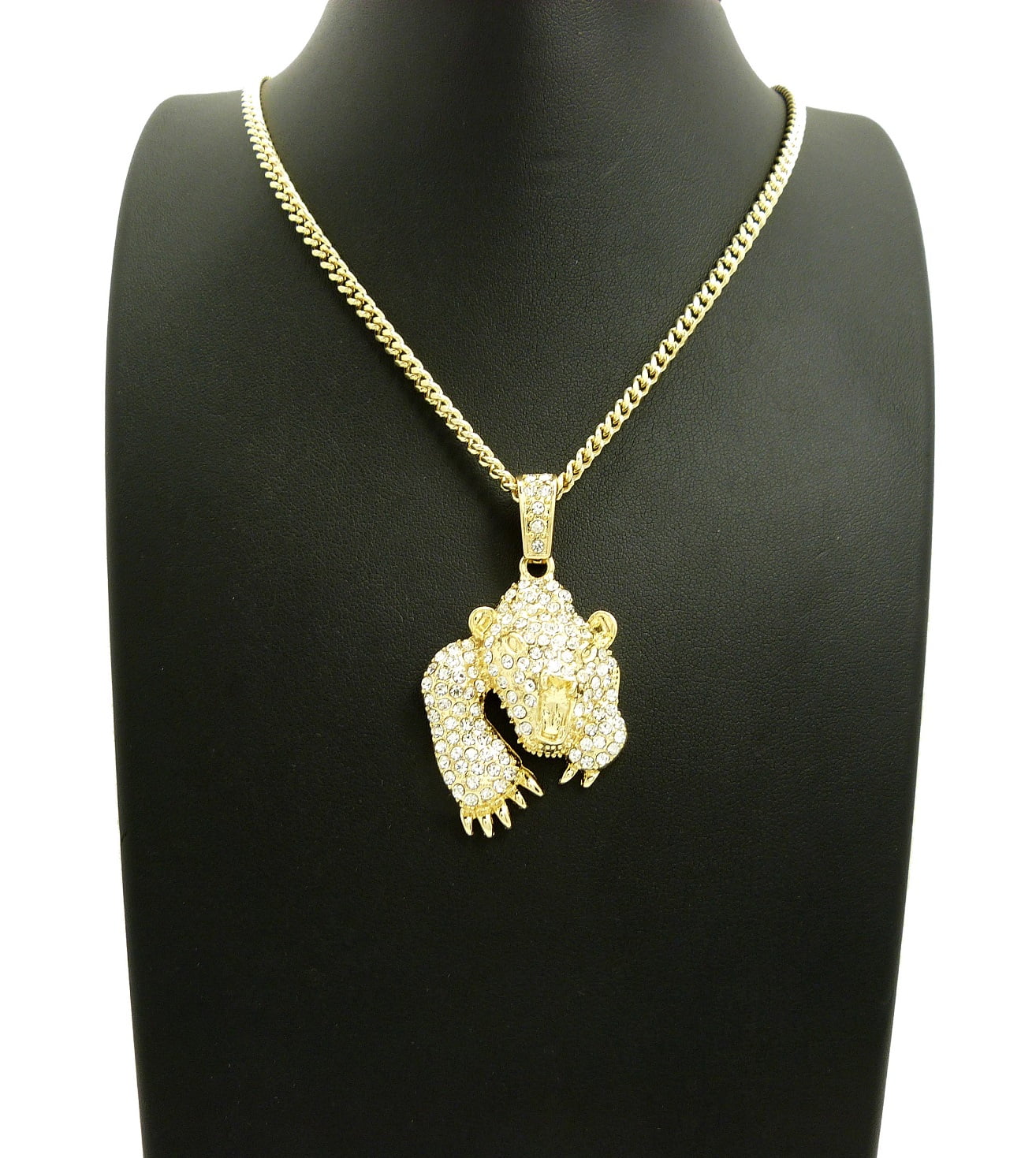 Stone Stud Fierce Grizzly Bear Pendant with 3mm 24" Cuban Chain ...
