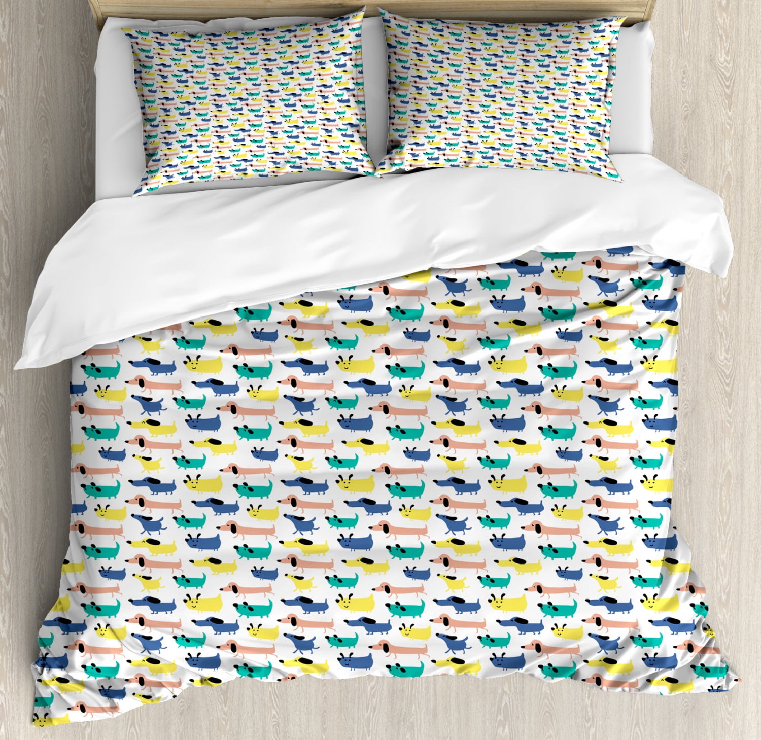 Dogs Duvet Cover Set Queen Size, Colorful Cartoon Style Silhouettes of ...