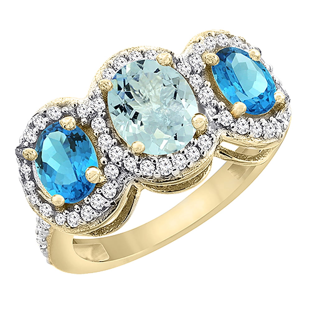 14K Yellow Gold Natural Aquamarine & Swiss Blue Topaz 3-Stone Ring Oval ...