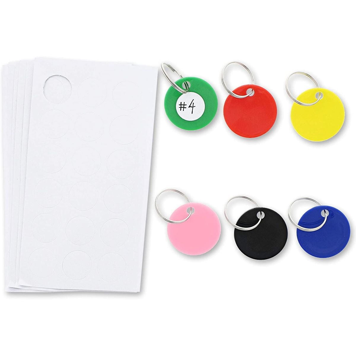 96 Pack colored round plastic key tags with white sticker labels and ...
