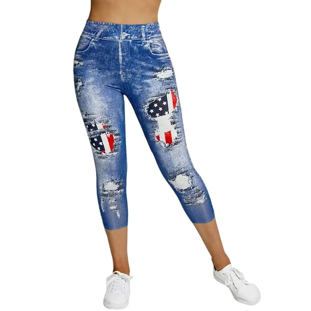 Avamo Women Faux Denim Pant High Waist Capri Leggings Tummy Control ...