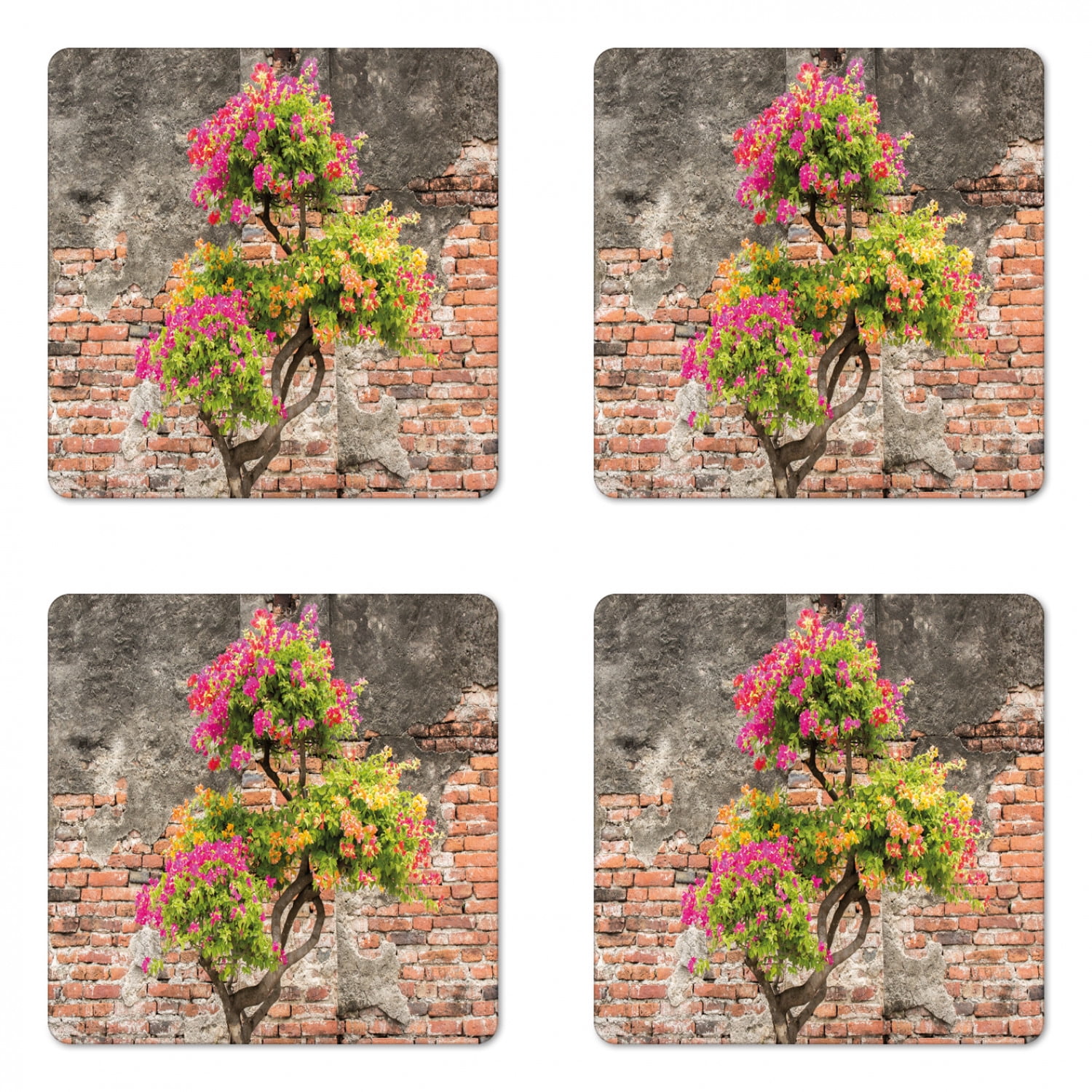 Brick Wall Coaster Set of 4, Fresh Little Tree with Fuchsia Flowers in ...