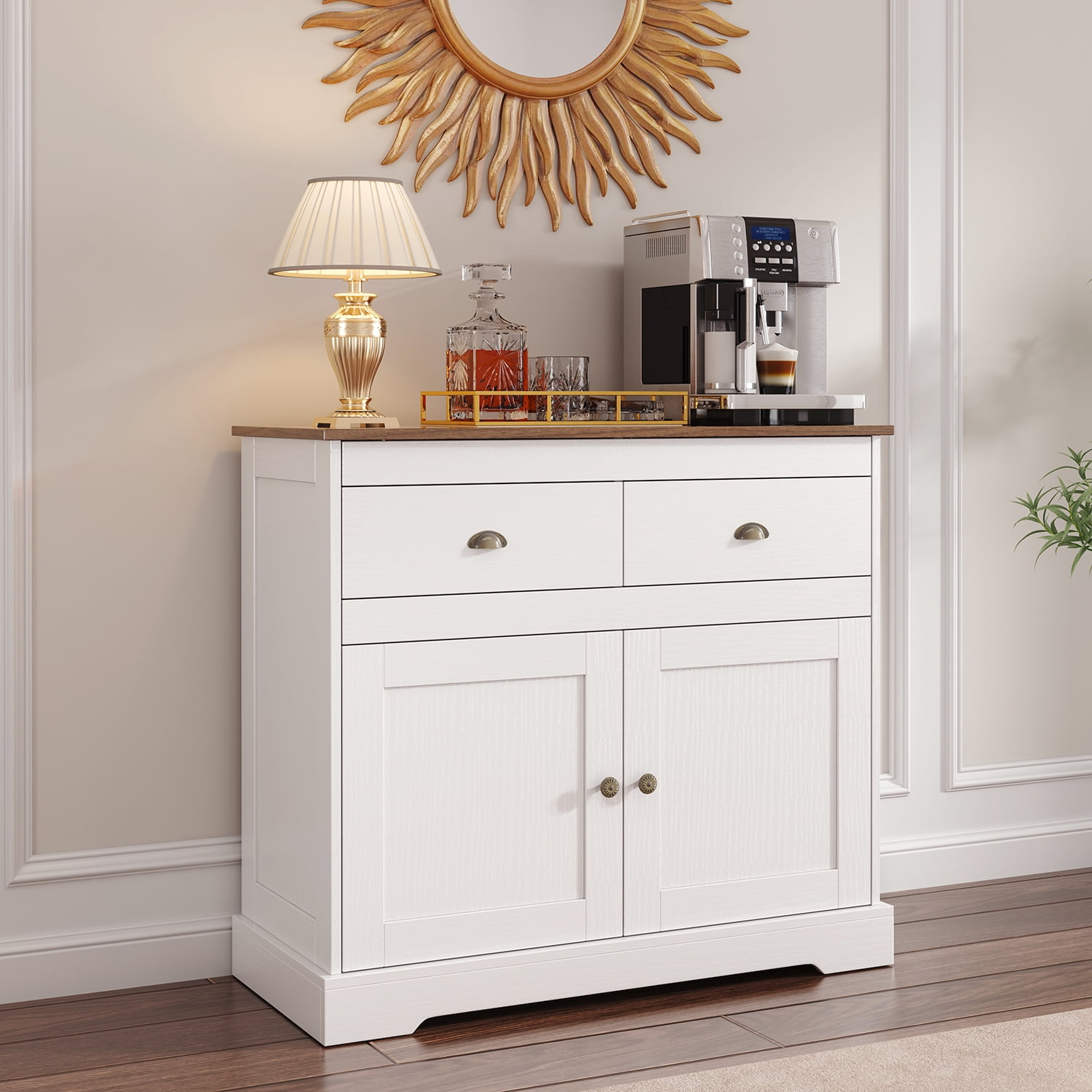 White Wood Buffet Cabinet with 2 Drawers, 2 Doors, Adjustable Shelves ...