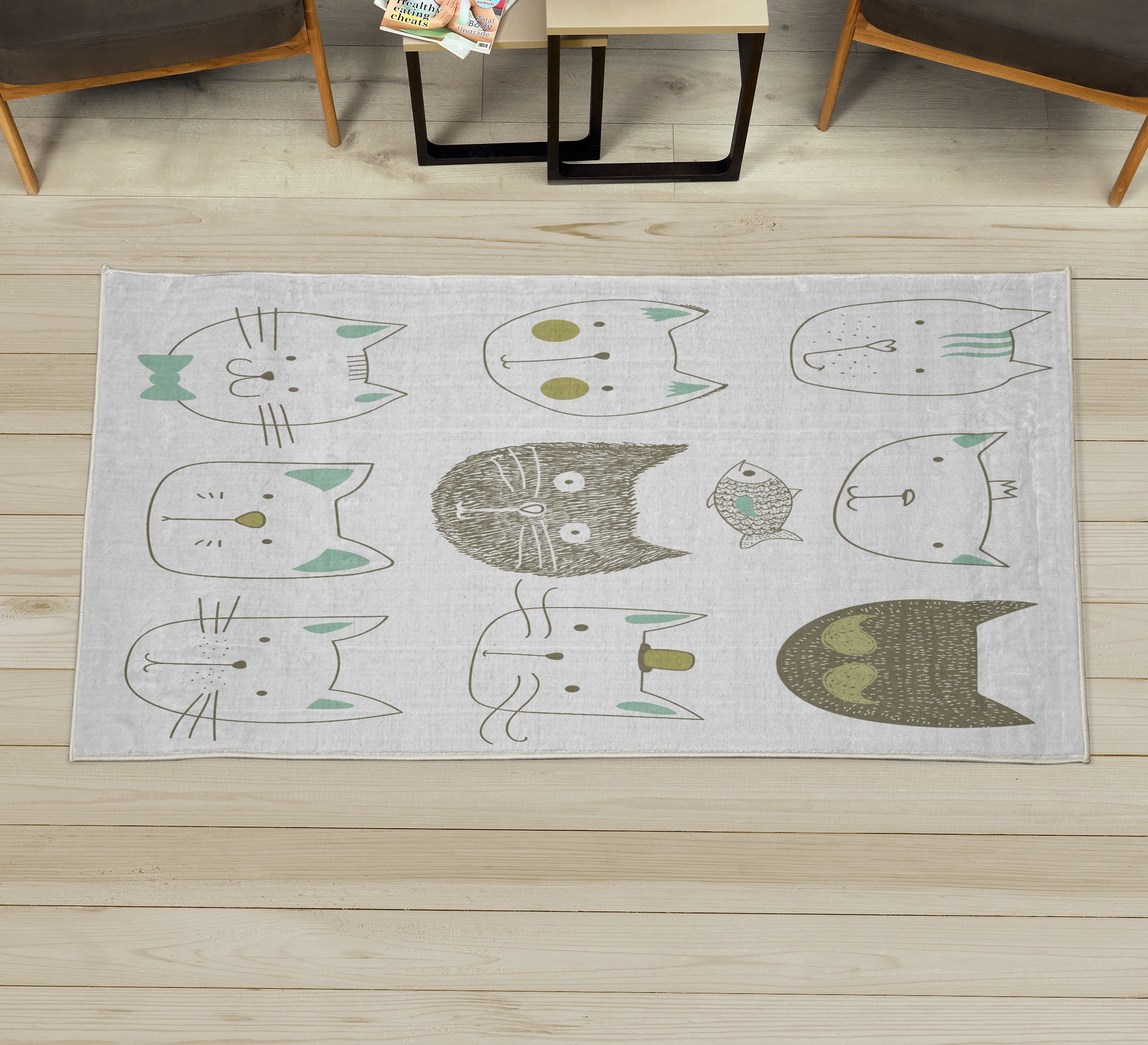 Cat Decorative Rug, Pets Moustache Bow Tie Hat Crown Fluffy and Fish ...