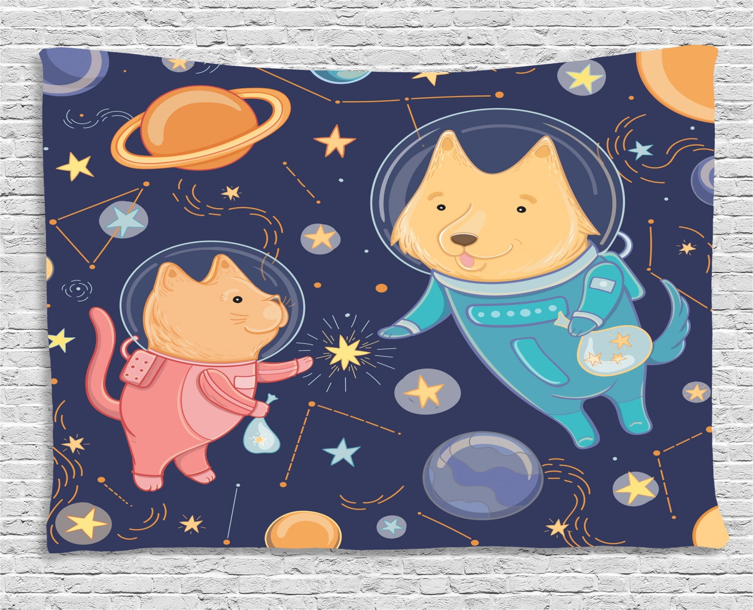 Space Tapestry, Cartoon Dog and Cat Floating among the Stars Animal ...