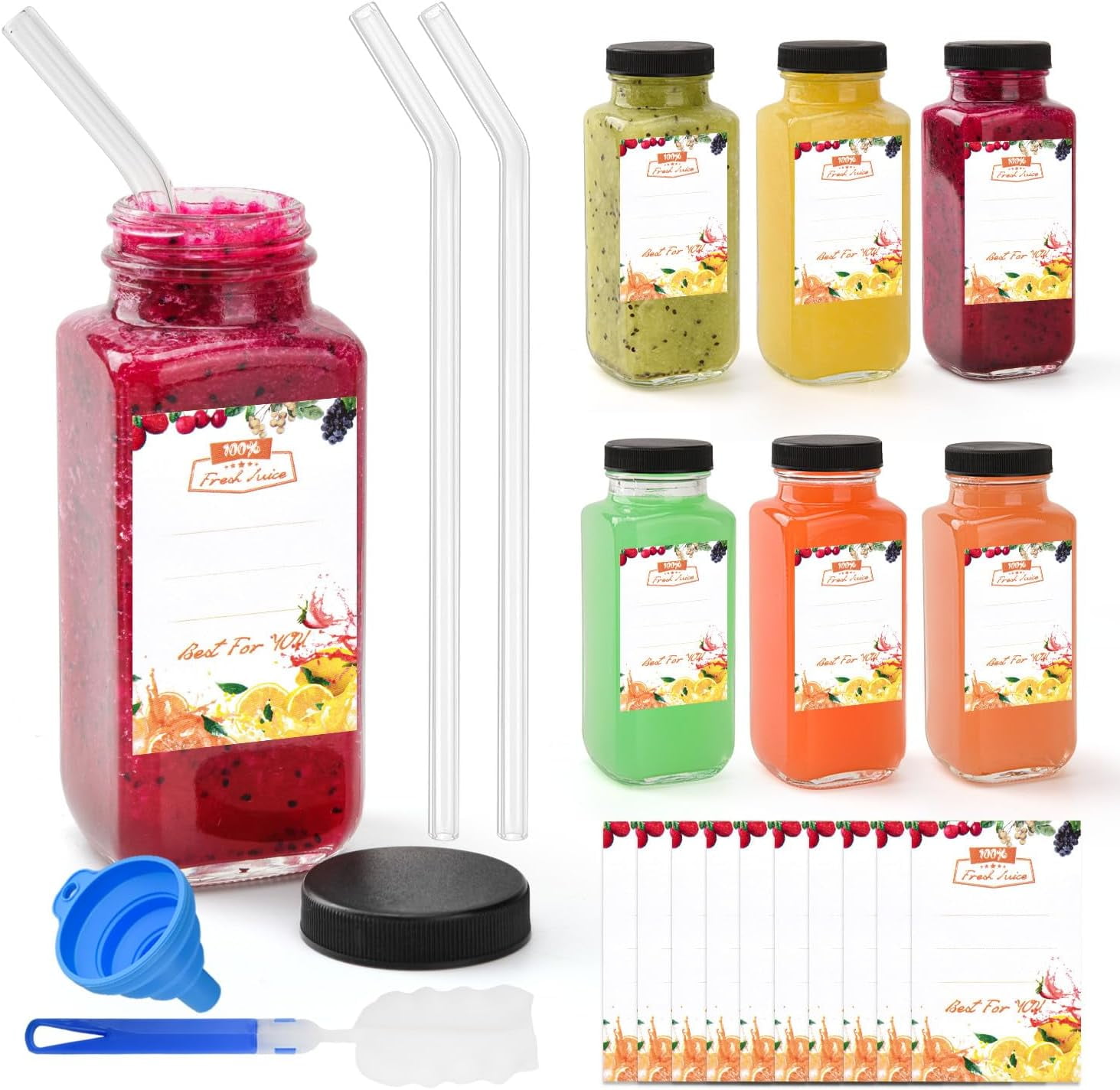 shiyou-6 Pack 8 oz 250ml Glass Juice Bottles with Lids, Reusable Glass ...