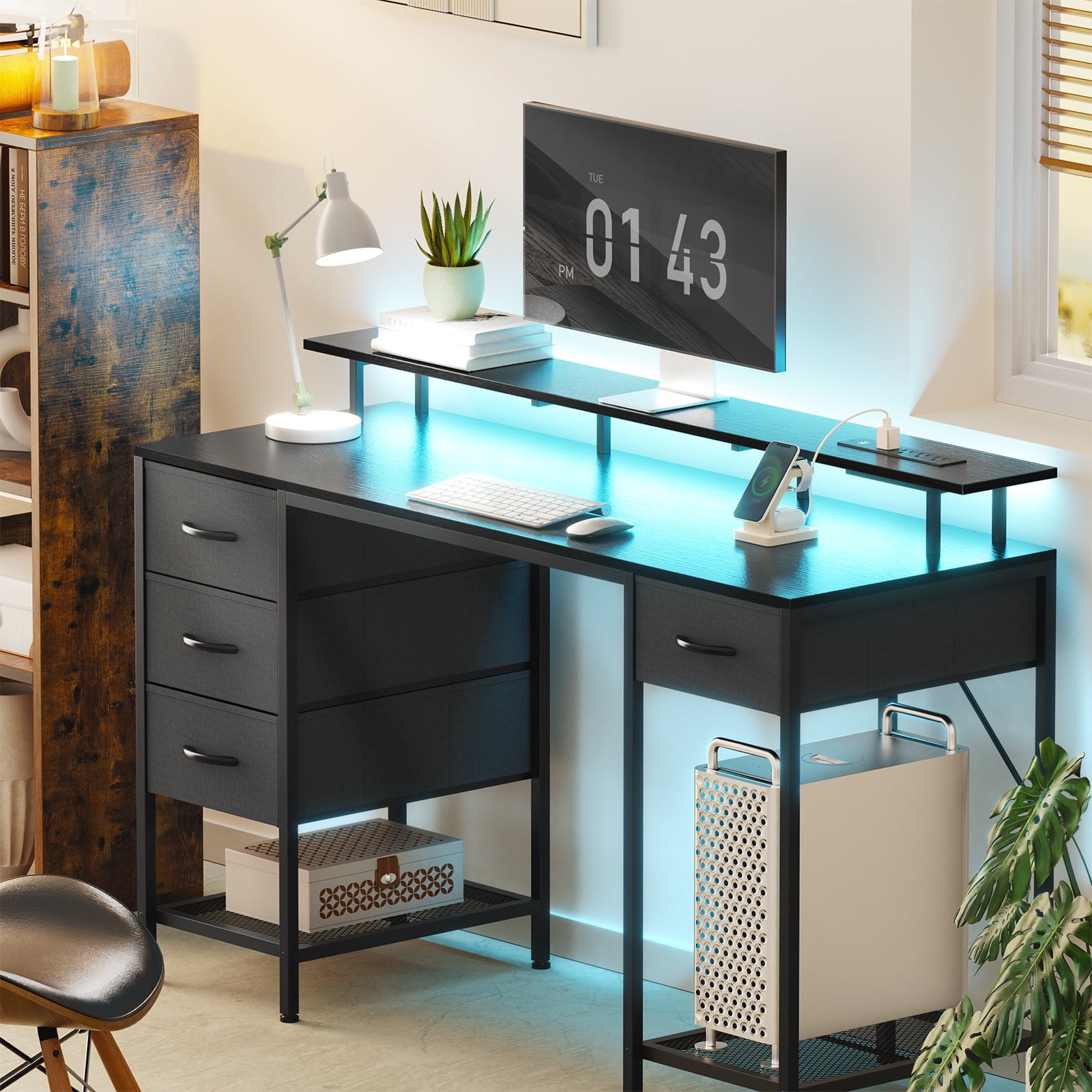 Huuger 55" Computer Desk with LED Lights & Power Outlets, Industrial ...