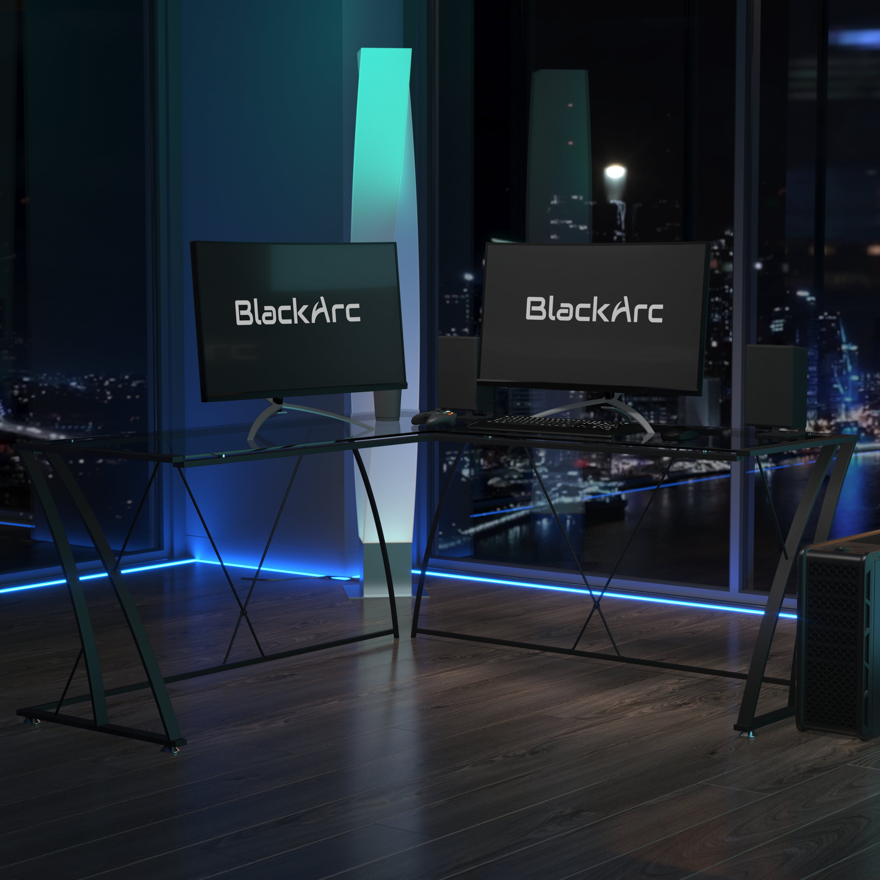 BlackArc Gaming Desk with Clear Glass Top and Black Powder Coated Metal ...