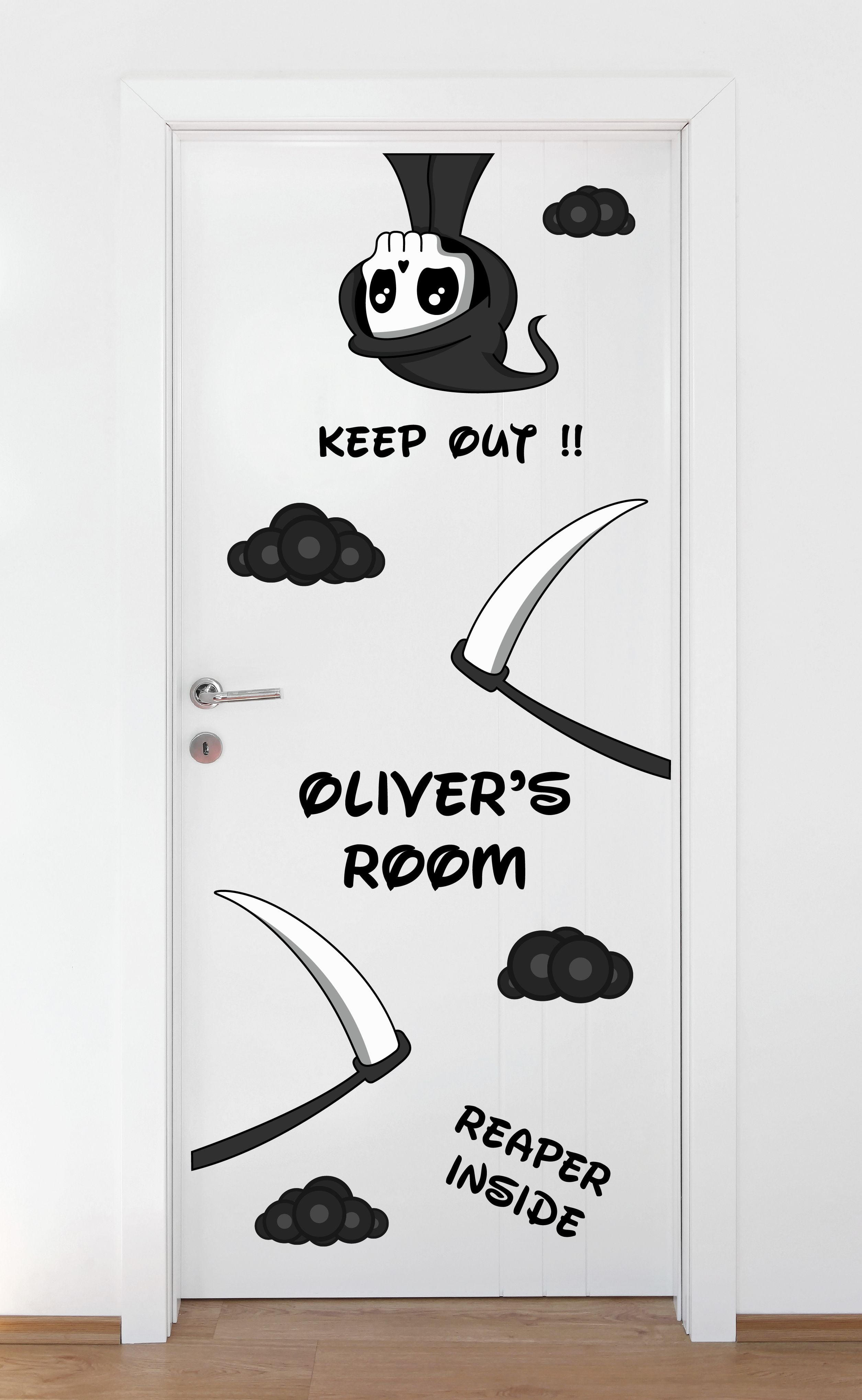 Personalized Name Signs Wall Decal Cute Grim Reaper with his Scythe ...