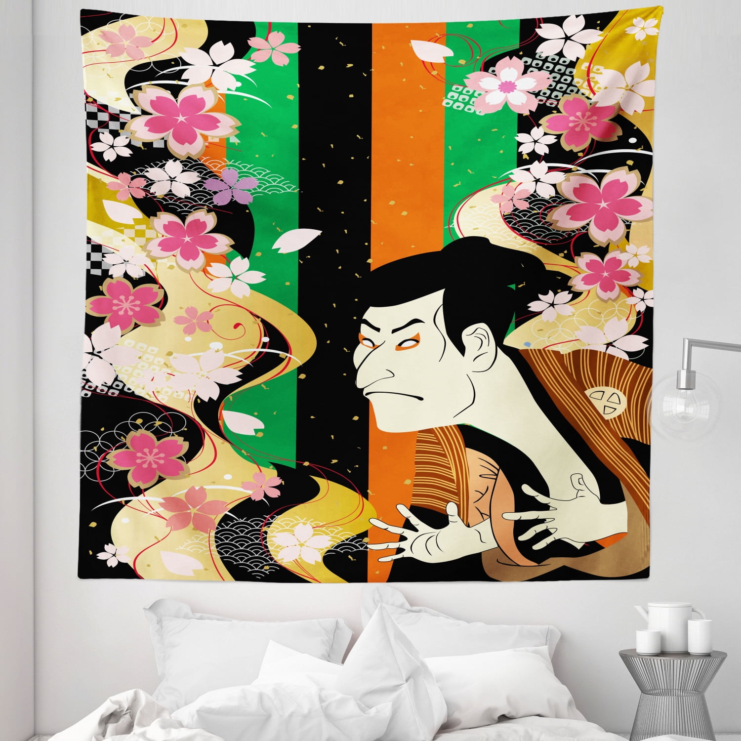 Kabuki Tapestry, Colorful Vertical Stripes and Fresh Spring Sakura ...
