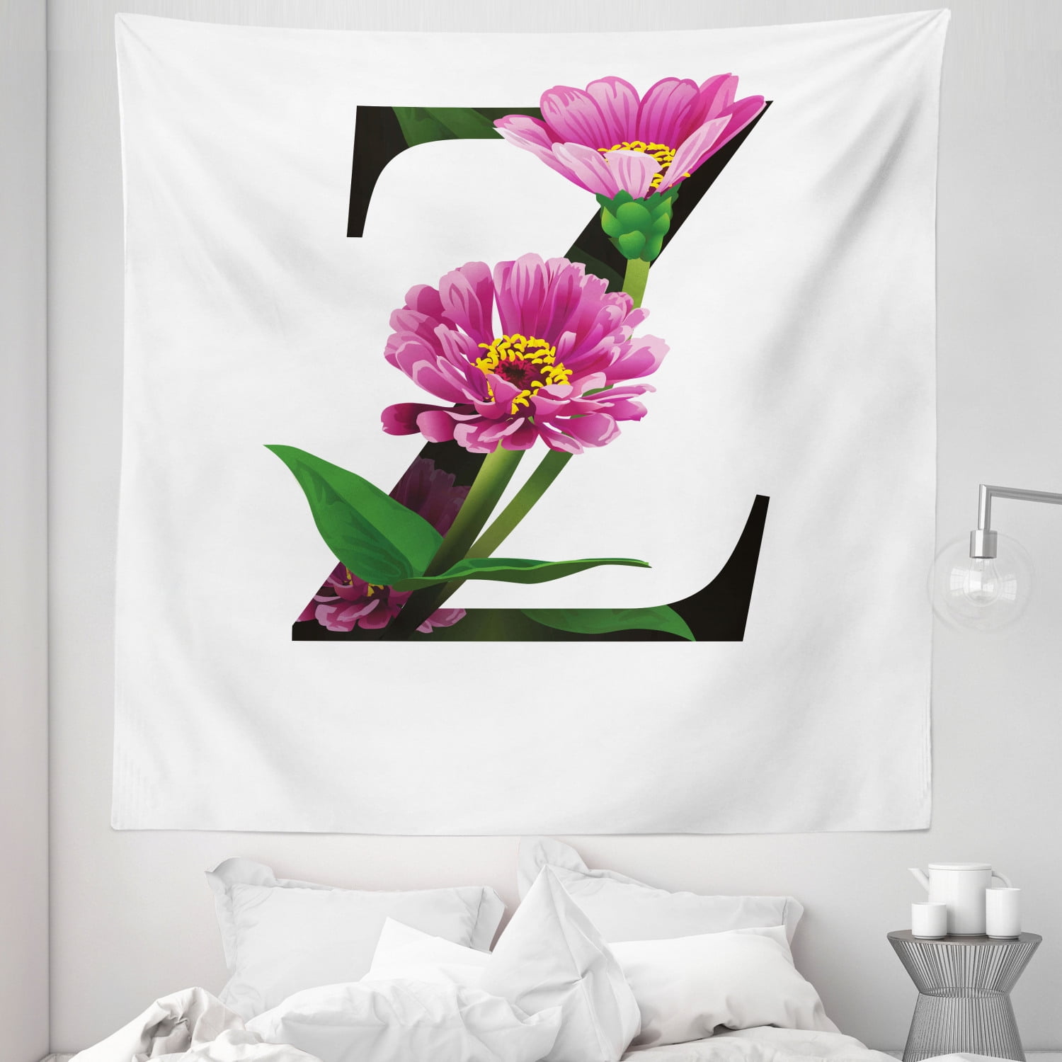 Letter Z Tapestry, Purple Zinnia Petals Stems Leaves and Letter Z ...