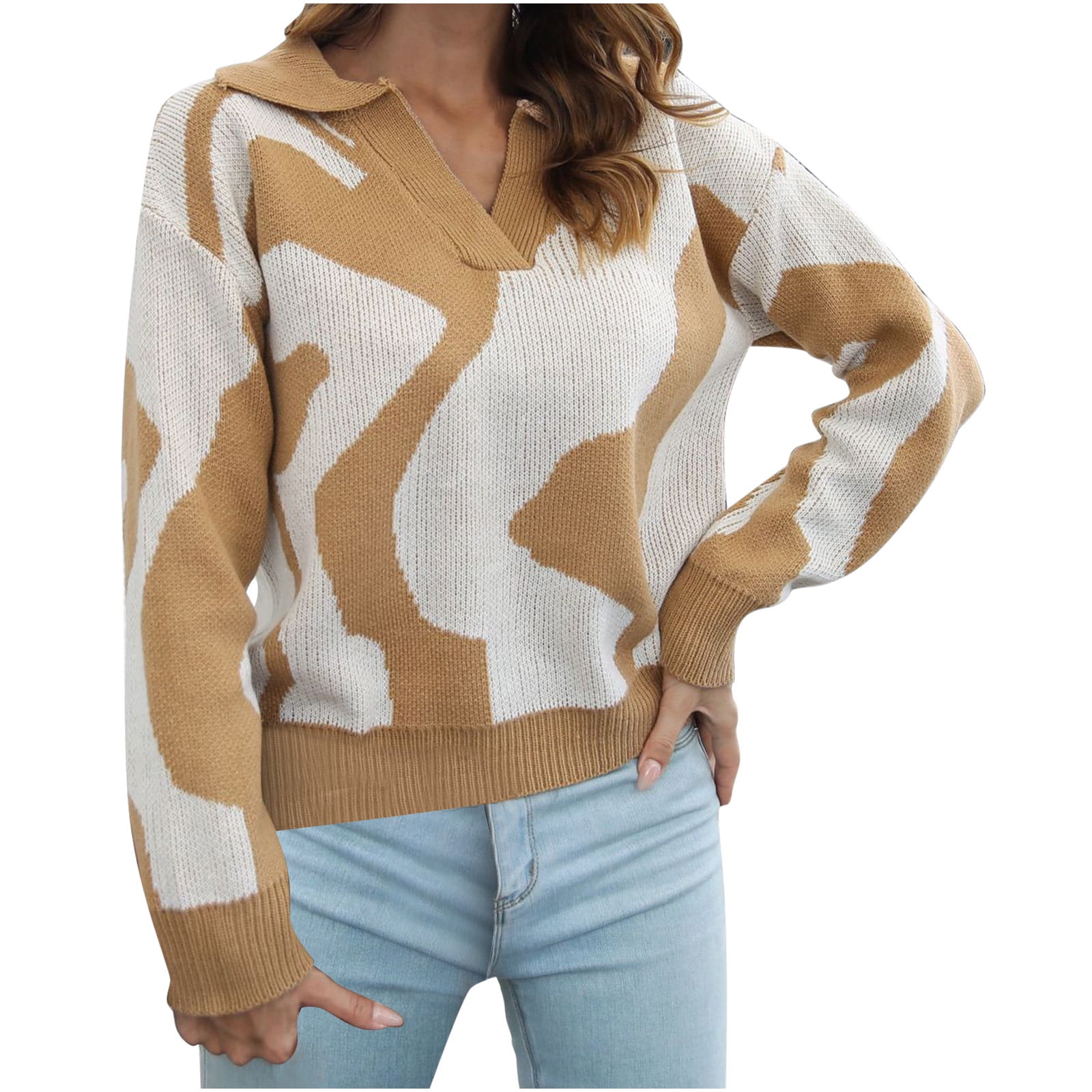 Olyvenn Womens Long Sleeve V Neck Sweater Tops Casual Plus Size Loose