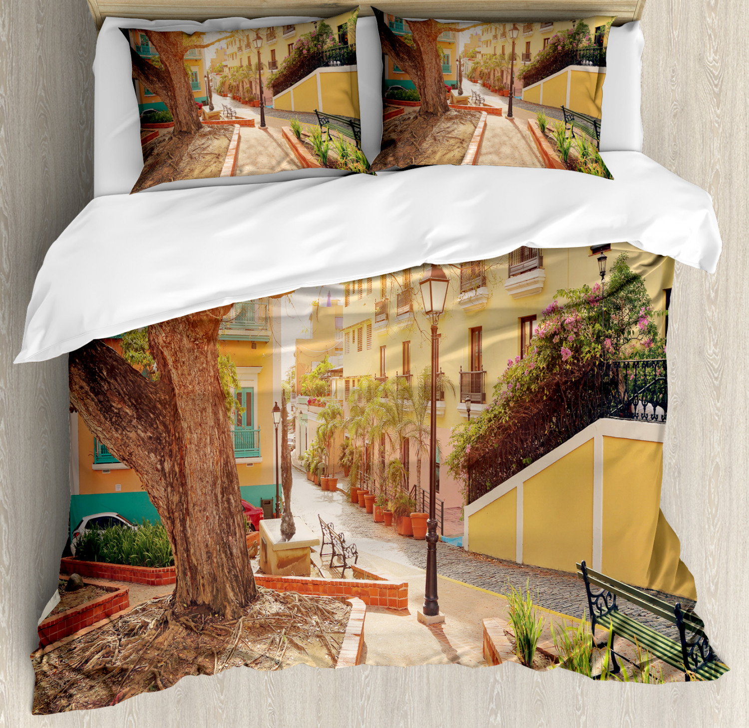 Puerto Rico Duvet Cover Set Queen Size, Streets of San Juan with Houses ...