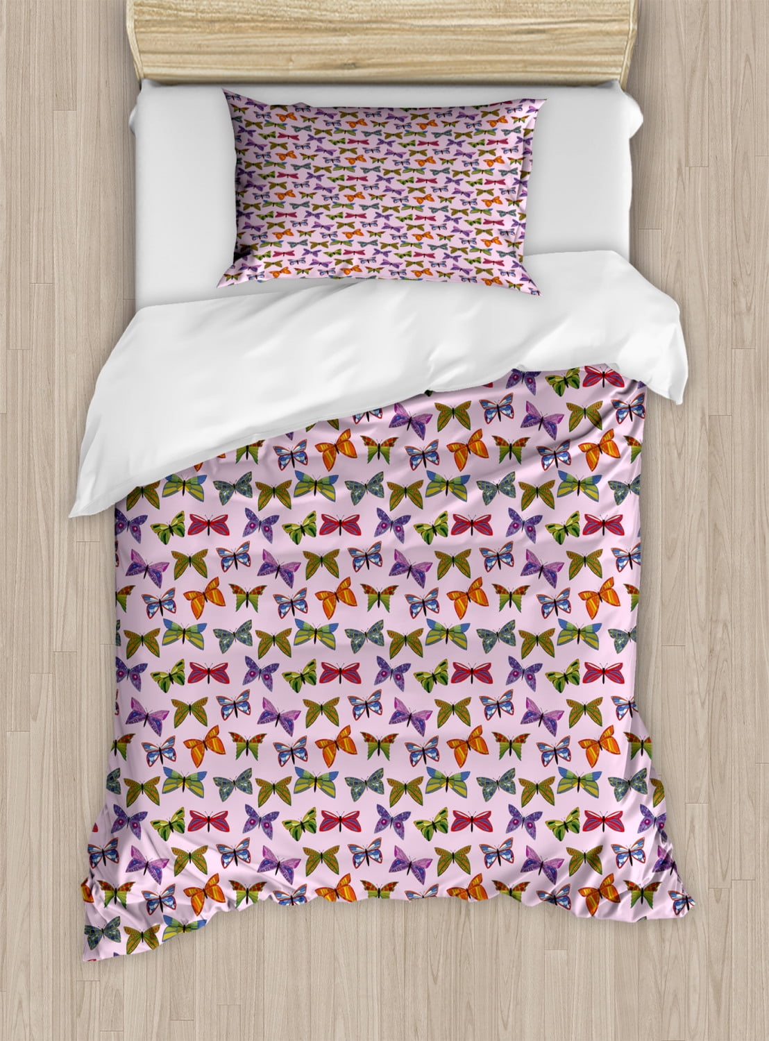 Colorful Twin Size Duvet Cover Set, Doodle Style Artistic Butterflies ...