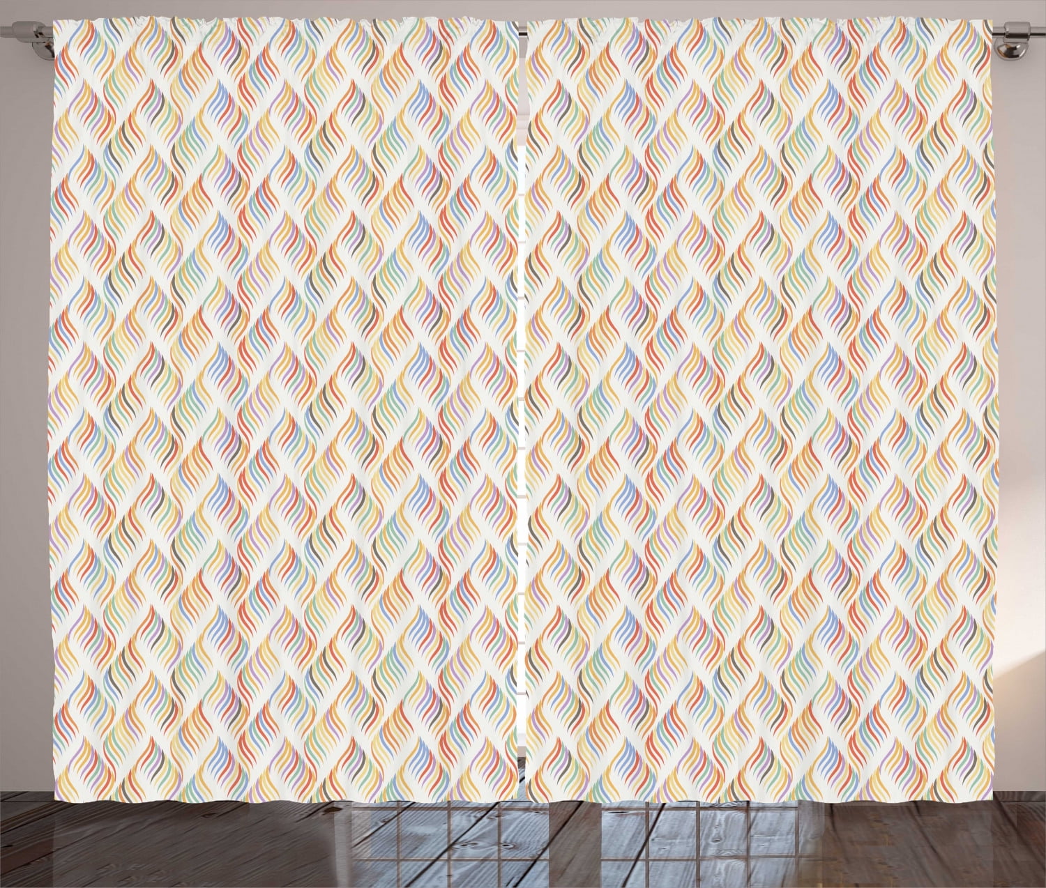 Lattice Curtains 2 Panels Set, Abstract Waves with Pastel Colorful ...