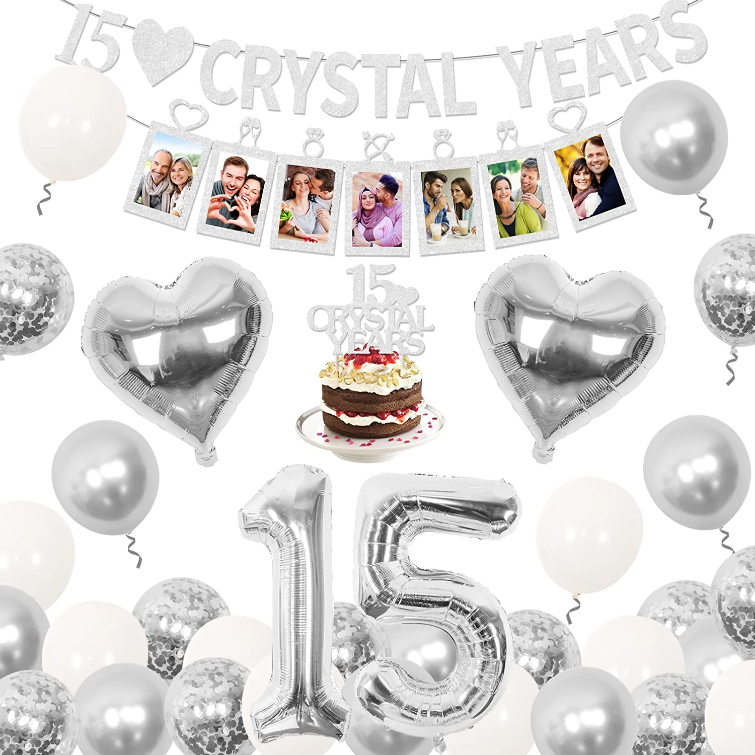 Happy 15th Wedding Anniversary Decorations, Silver 15 Crystal Years ...