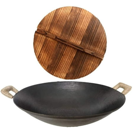 Non-Stick Binaural Wok Uncoated Iron Wok with Hemp Rope Handles, Wok ...