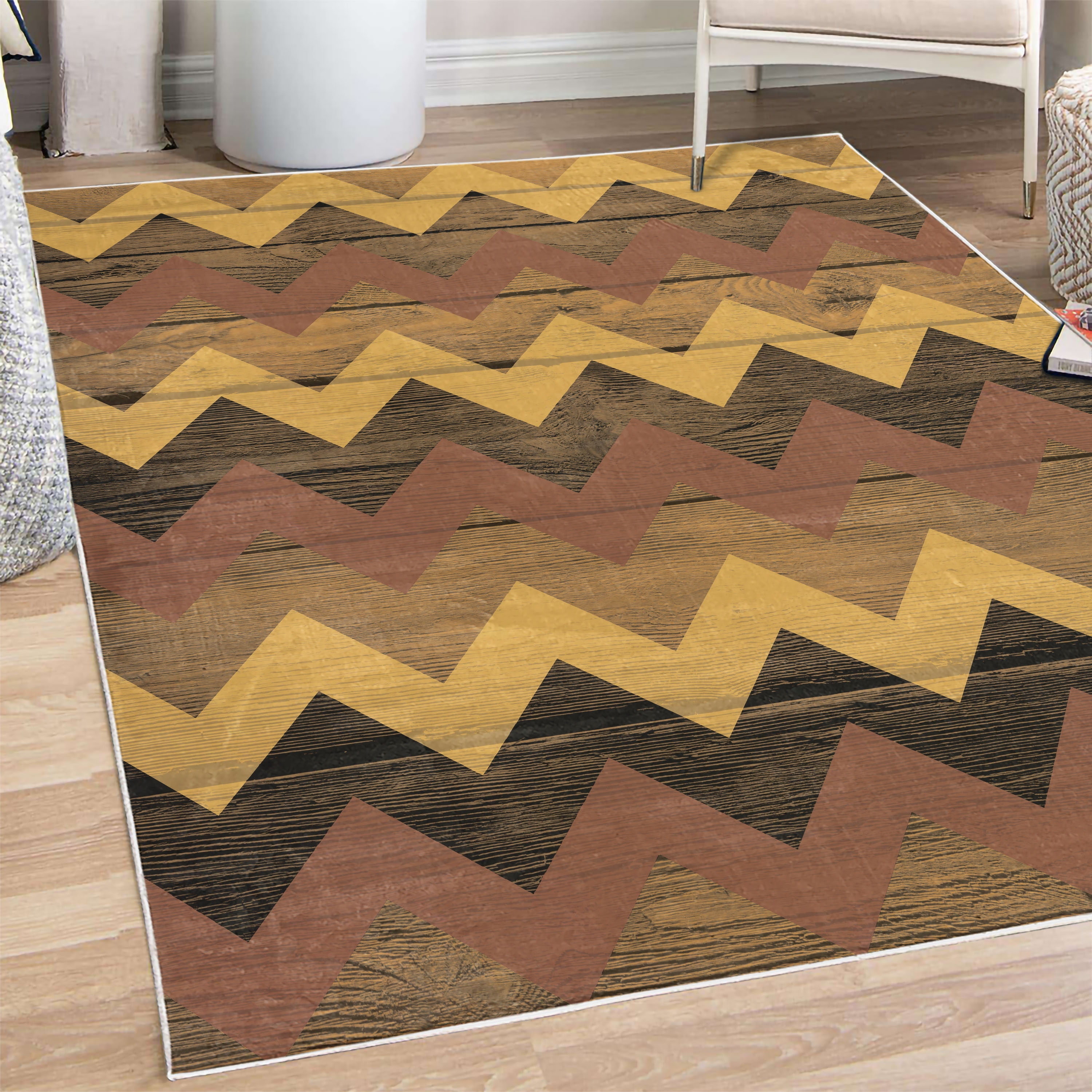 Chevron Decorative Rug, Zig Zag Lines Pattern on Wooden Looking ...