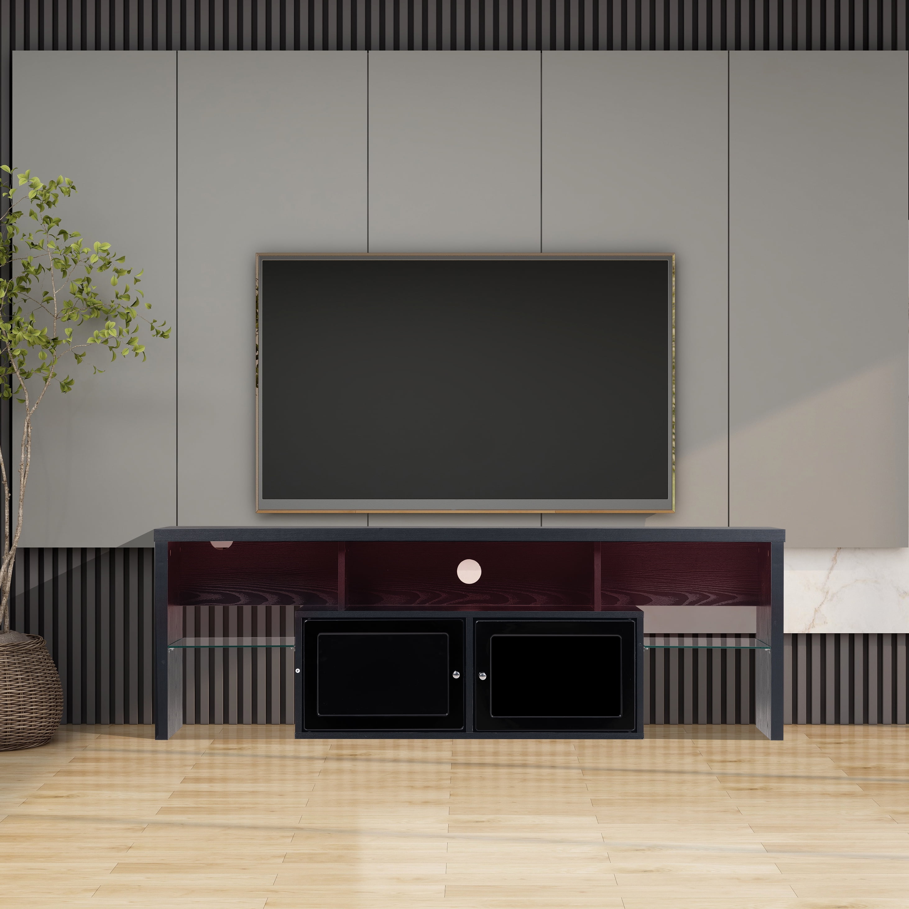 Television Stands for Living Room, Black TV Cabinet with LED and ...