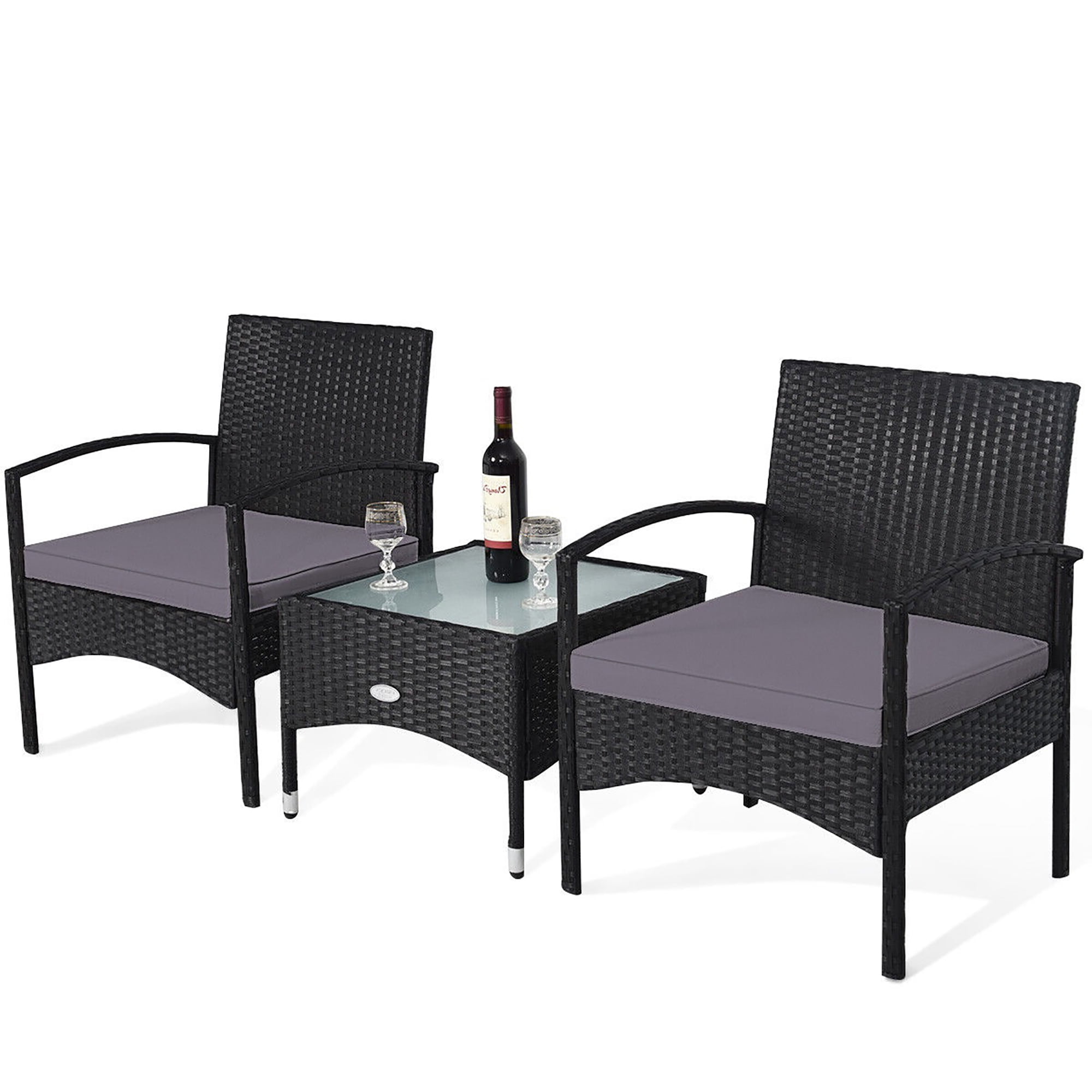 Gymax 3 PCS Patio Wicker Rattan Furniture Set Coffee Table & 2 Rattan ...