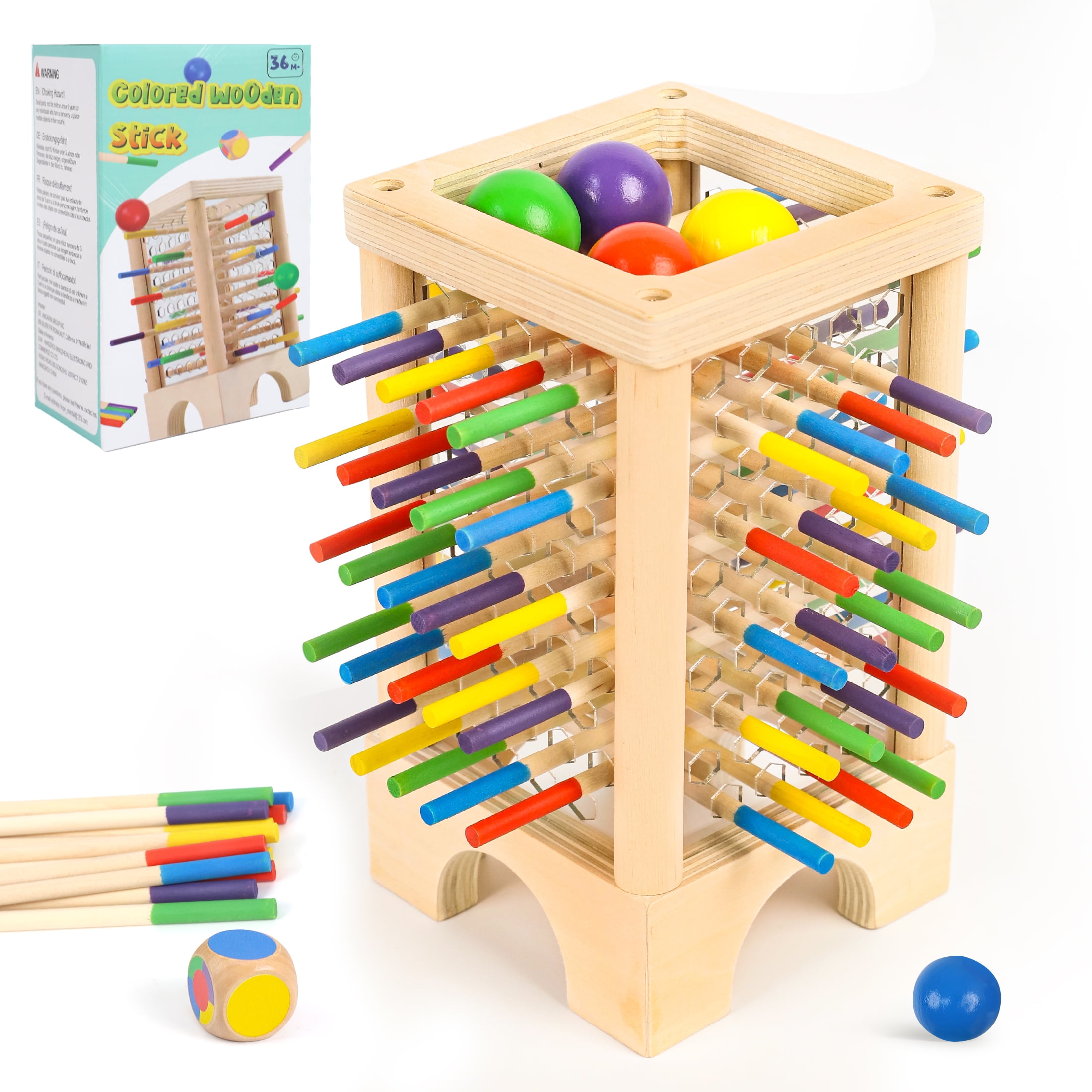2 in 1 Montessori Game Wooden Board Game, Colorful Wooden Sticks Dice ...