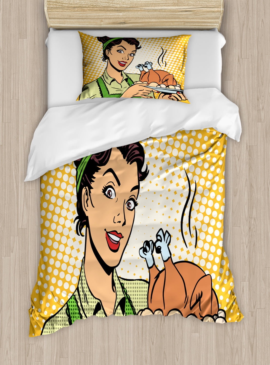 Wife Duvet Cover Set Twin Size, Woman with Plate of Cooked Chicken ...