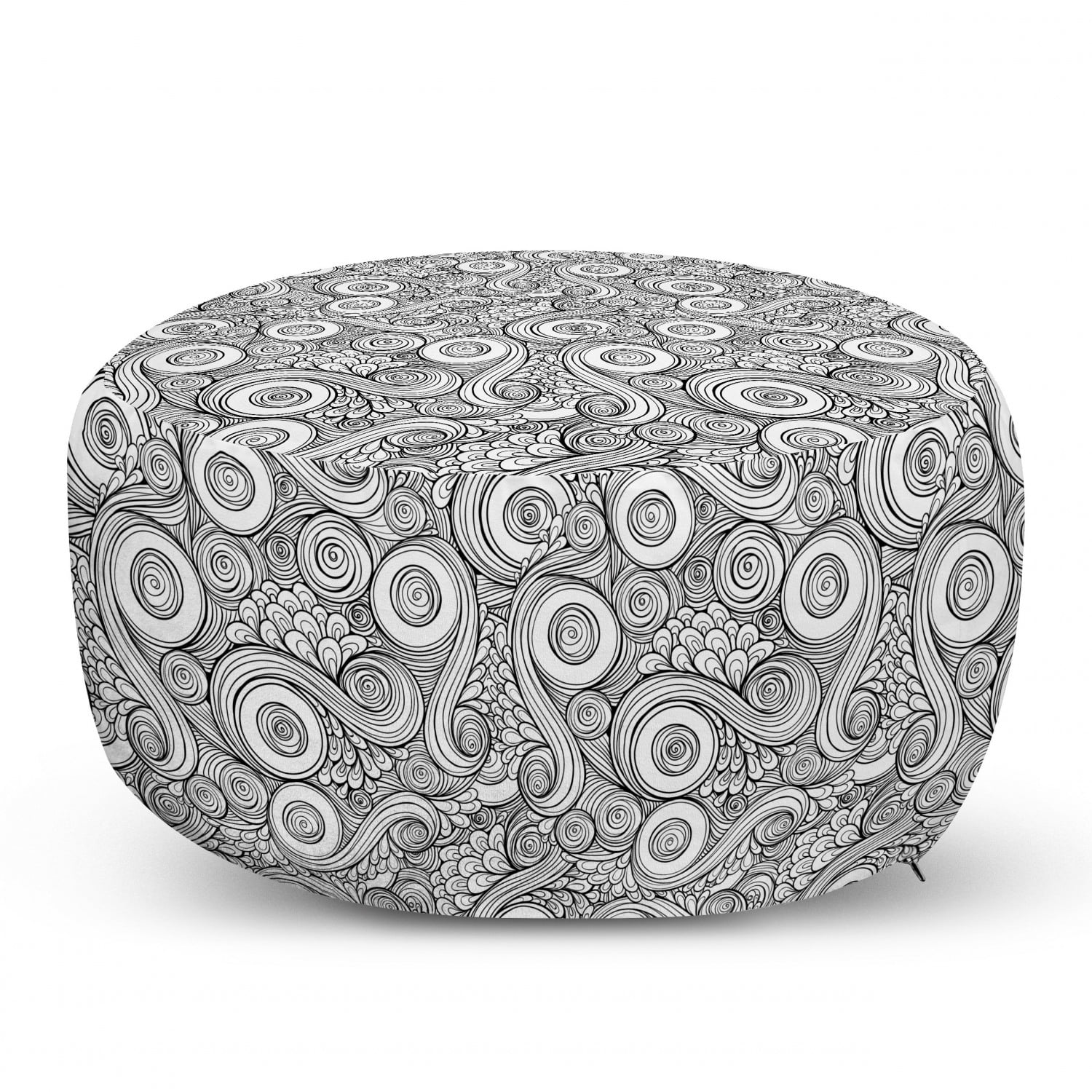 Monochrome Pouf Cover with Zipper, Doodle Composition with Swirls and ...