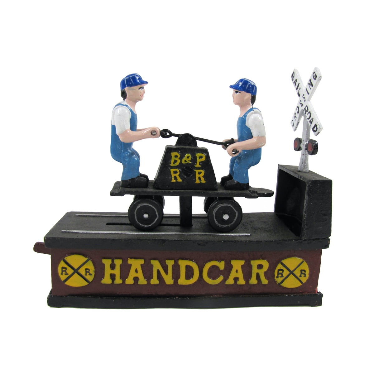Vintage Cast Iron Metal Mechanical Railroad Handcar Coin Piggy Bank RR ...