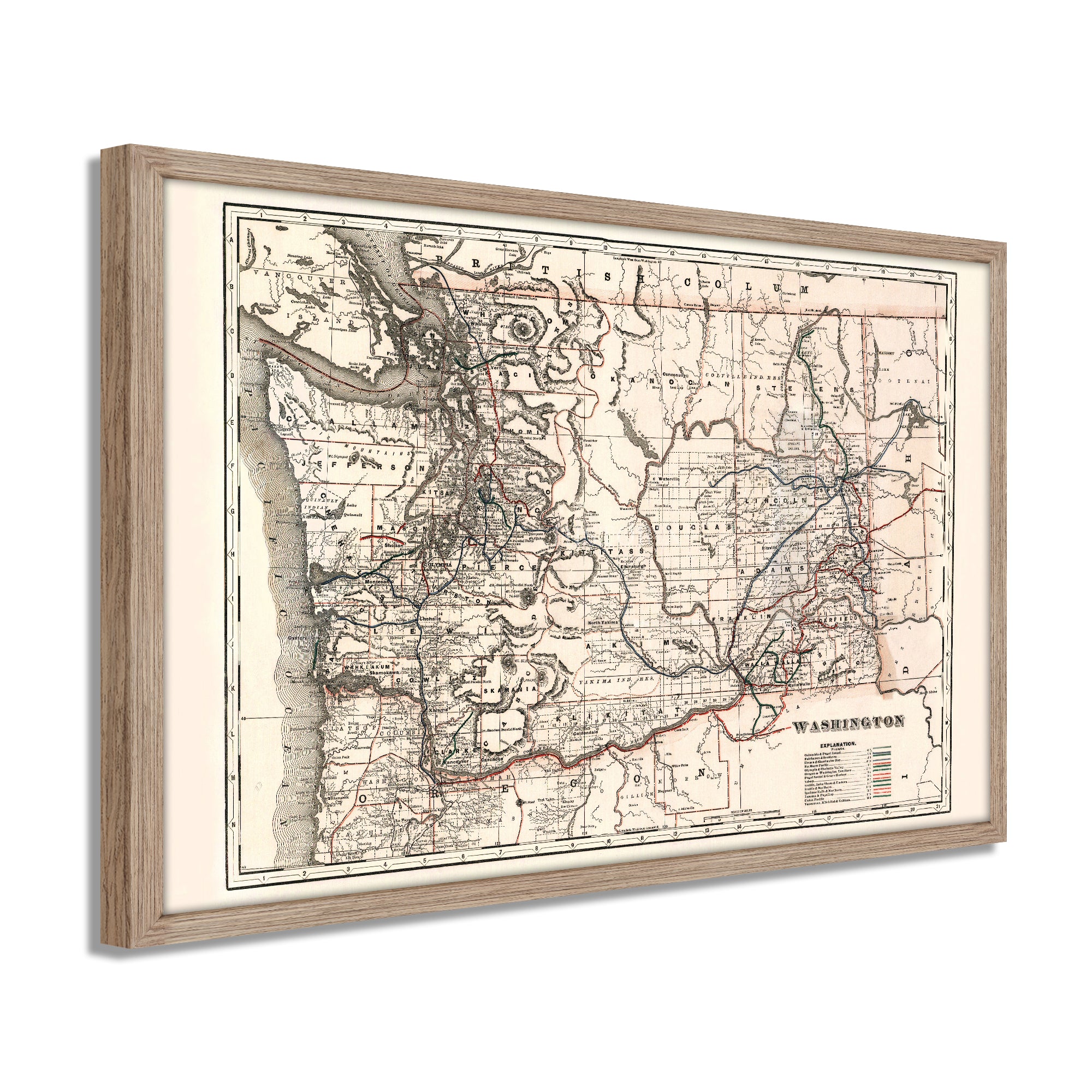 1888 Washington State Map - Framed Vintage Washington Map - Restored ...