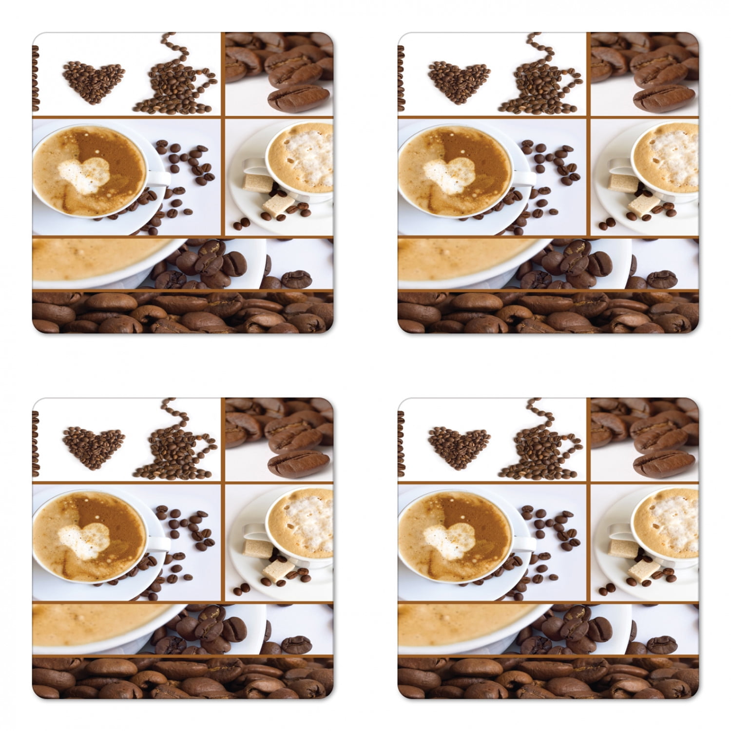 Coffee Coaster Set of 4, Themed Collage of Beans Mugs Hot Foamy Drink a ...