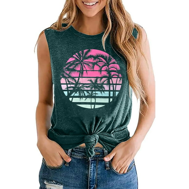 YI XIANG RAN Summer Beach Tank Shirts Women Palm Trees Sunset Beach ...