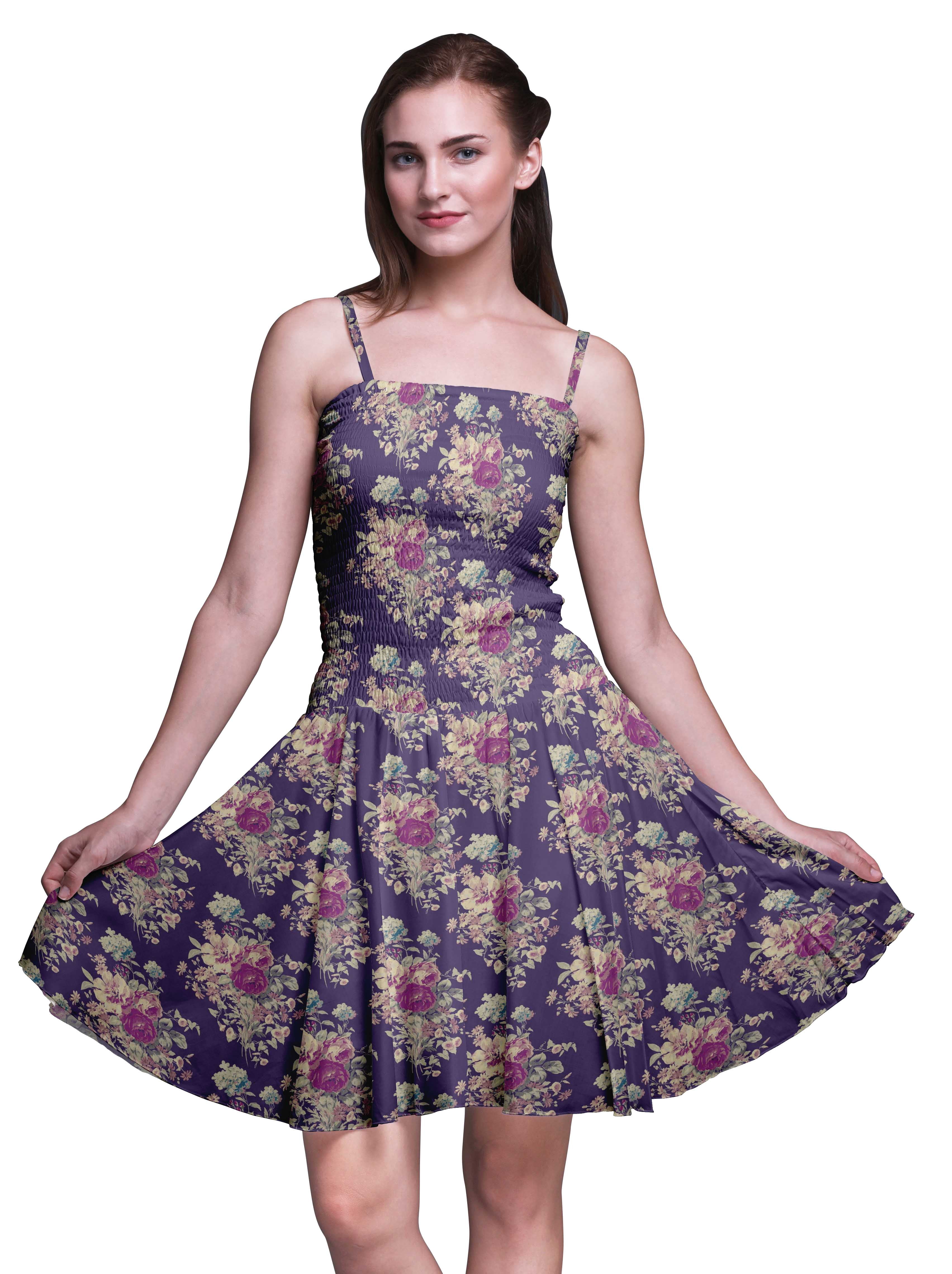 Bimba Floral Printed Women Smocked Waist Top Spaghetti Strap Mini Sun ...