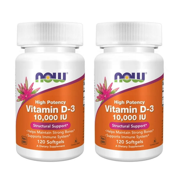 Suplemento de vitamina D-3 de alta potencia de NOW Foods, 10 000 UI, 120 cápsulas blandas x2 ...