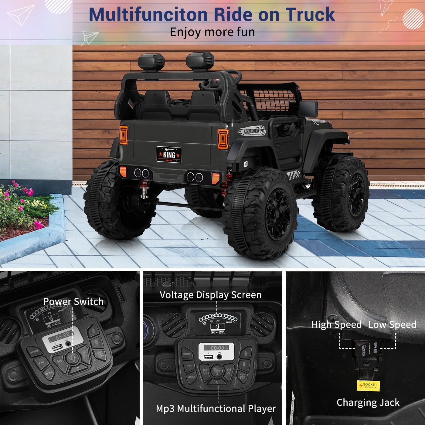 Buy Kimbosmart 2 Seaters Ride on Truck for Kids, 12V Electric Toy Car with Remote Control, Low ...