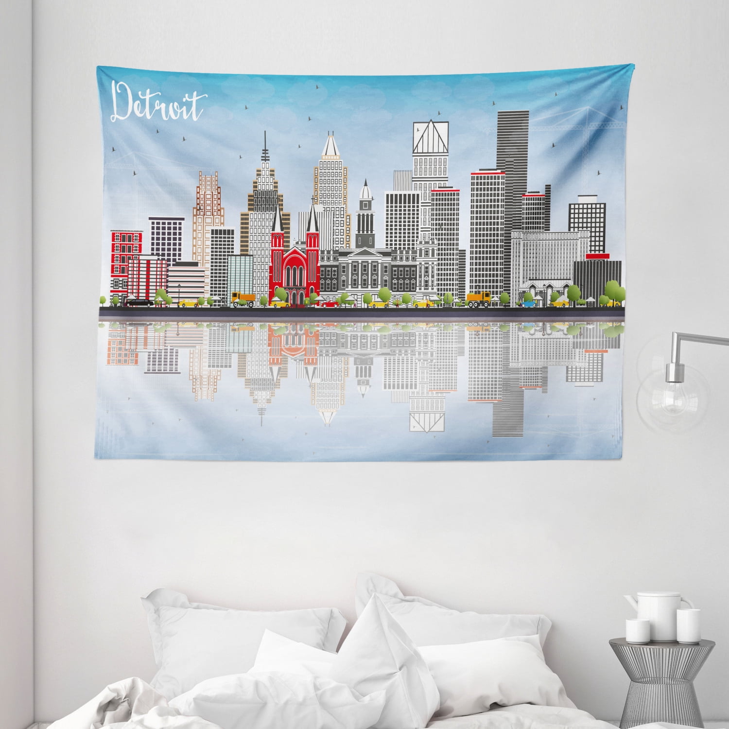Detroit Decor Tapestry, Detroit Skyline with Skyscrapers Modern ...