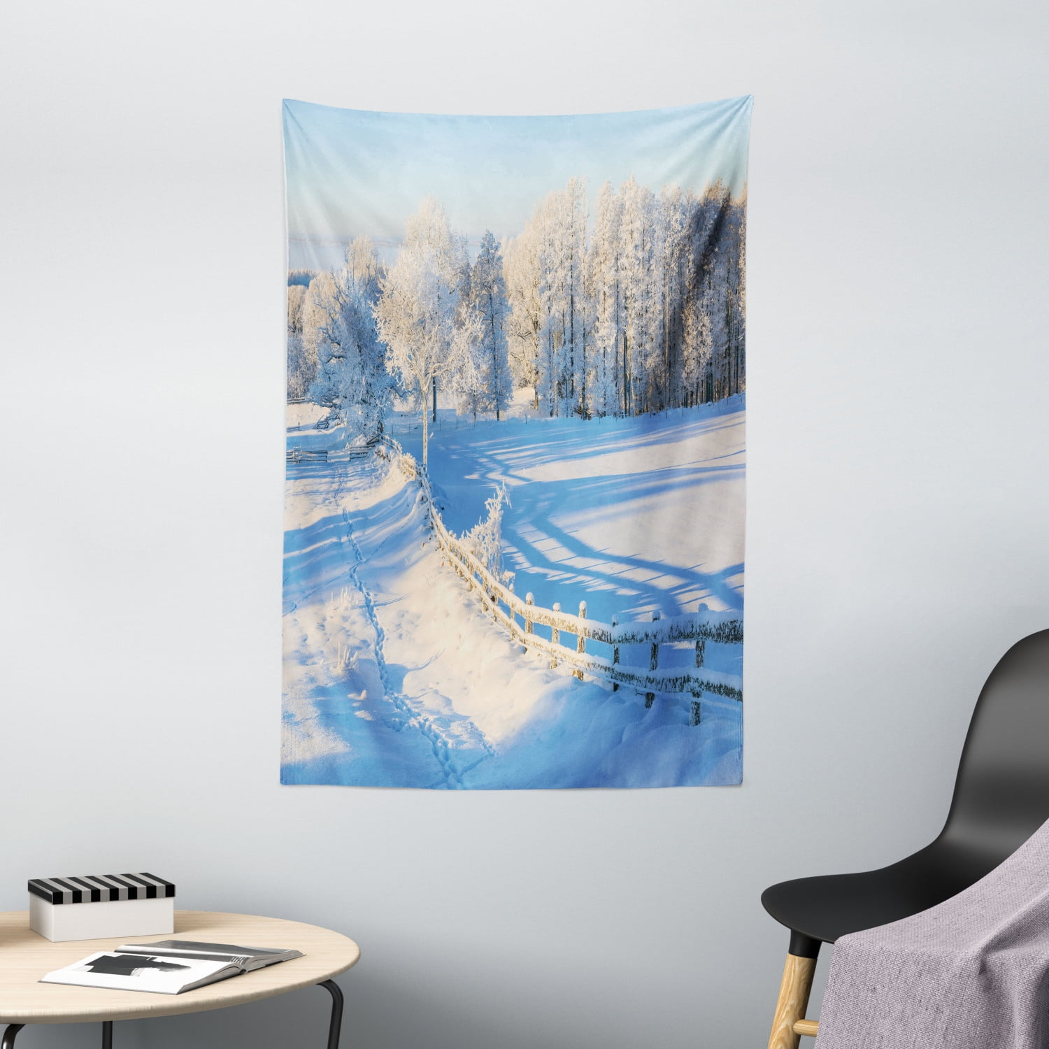Farmland Tapestry, Winter Snow Valley with Oak Borders Pines Frozen ...