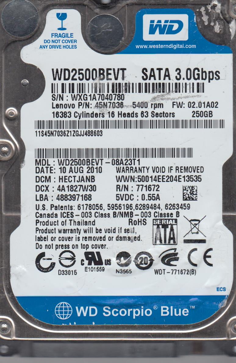 WD2500BEVT-08A23T1, DCM HECTJANB, Western Digital 250GB SATA 2.5 Hard ...