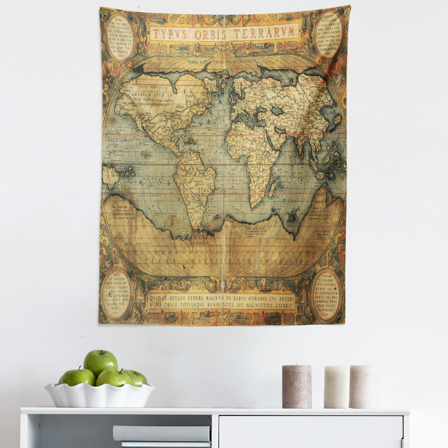 World Map Tapestry, Old Chart Vintage Composition of 16th Century Atlas ...