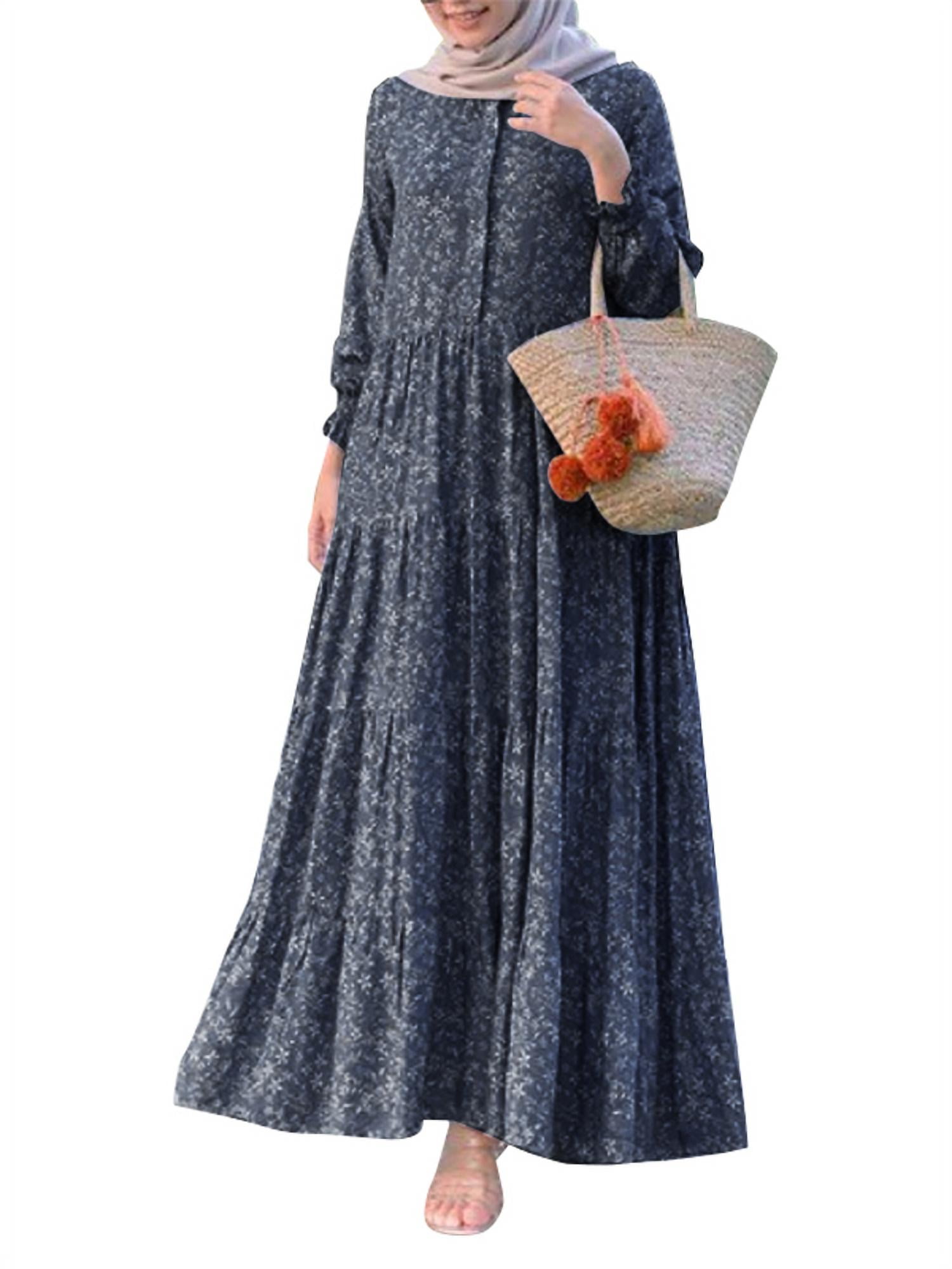 Zanzea Womens Layered Floral Printed Full Sleeve Muslim Casual Long