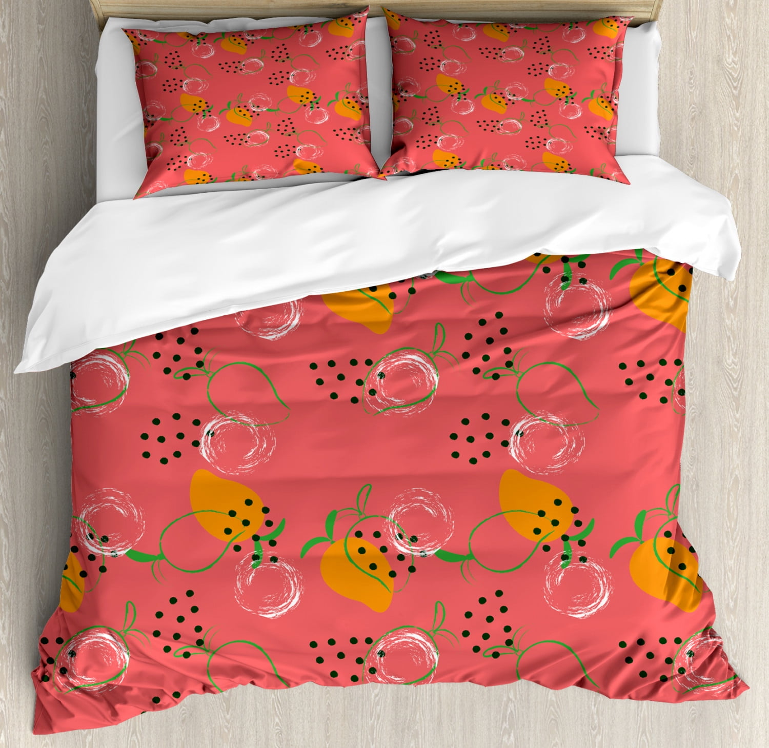 Fruit Art Duvet Cover Set, Exotic Mango Fruits and Dotted Silhouettes ...