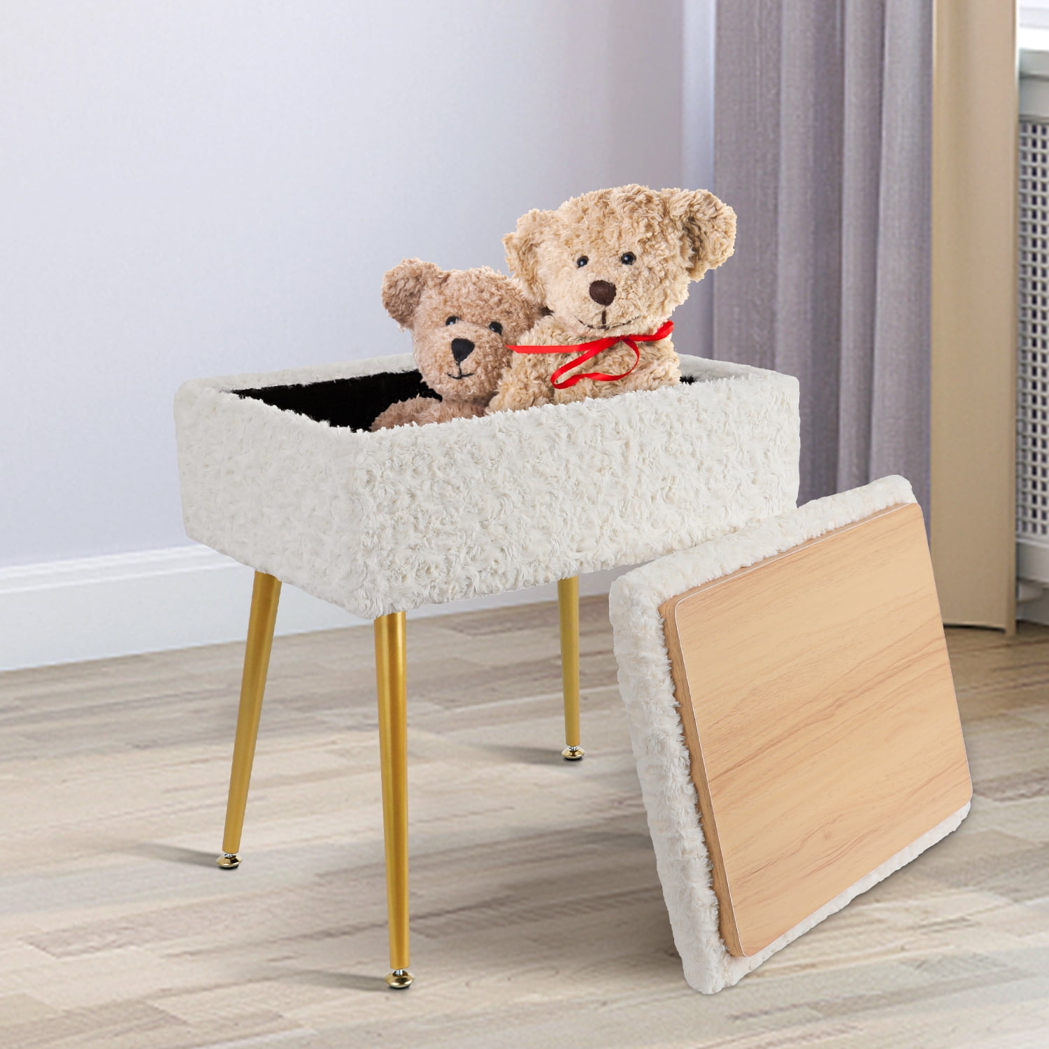 Velvet Faux Fur Comfortable Storage Ottoman, Modern Square Footrest ...