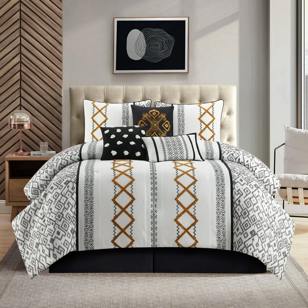Lanco Luxury Black Gold Comforter Set California King Size 7 Piece