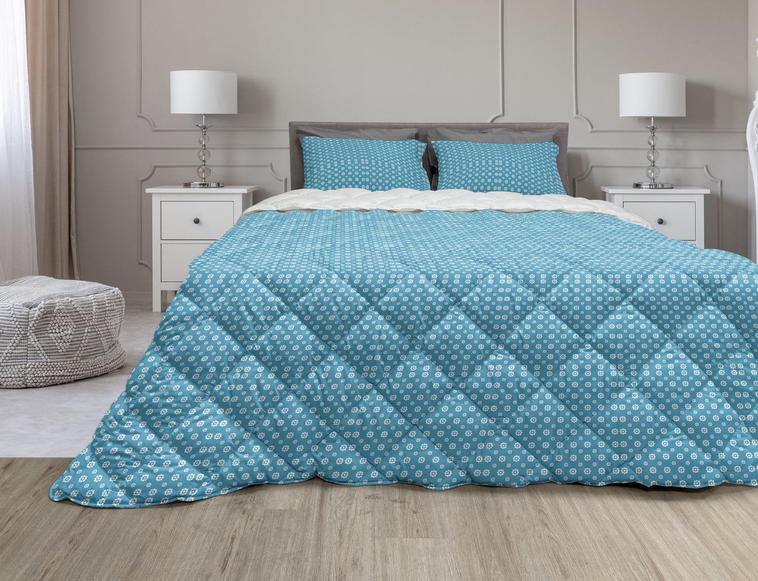 Blue and White Comforter & Sham Bedding Set, Simple Floral Silhouettes ...